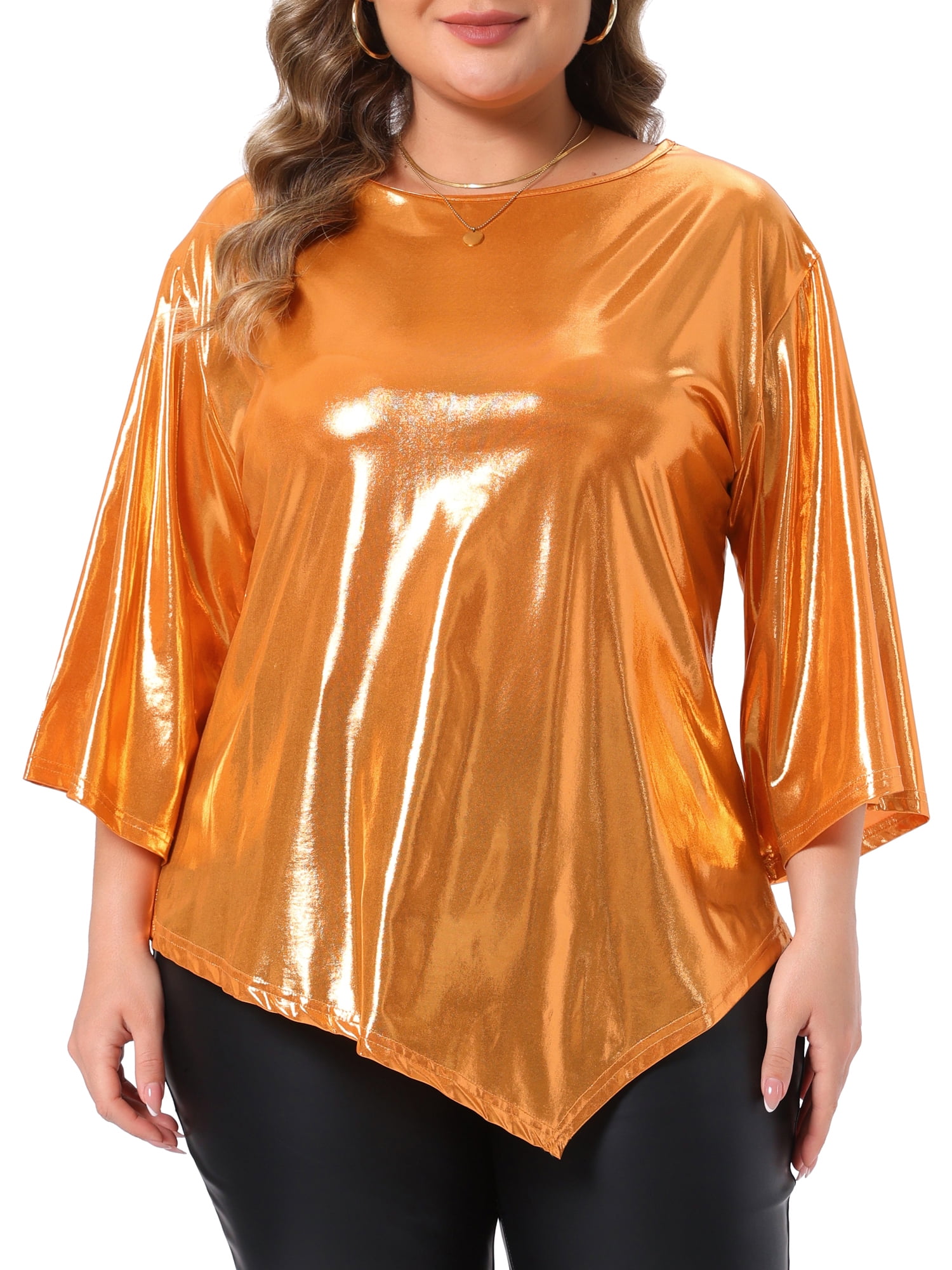 Agnes Orinda Women's Plus Size Metallic Top Glitter Crew Neck 3/4 Bell ...