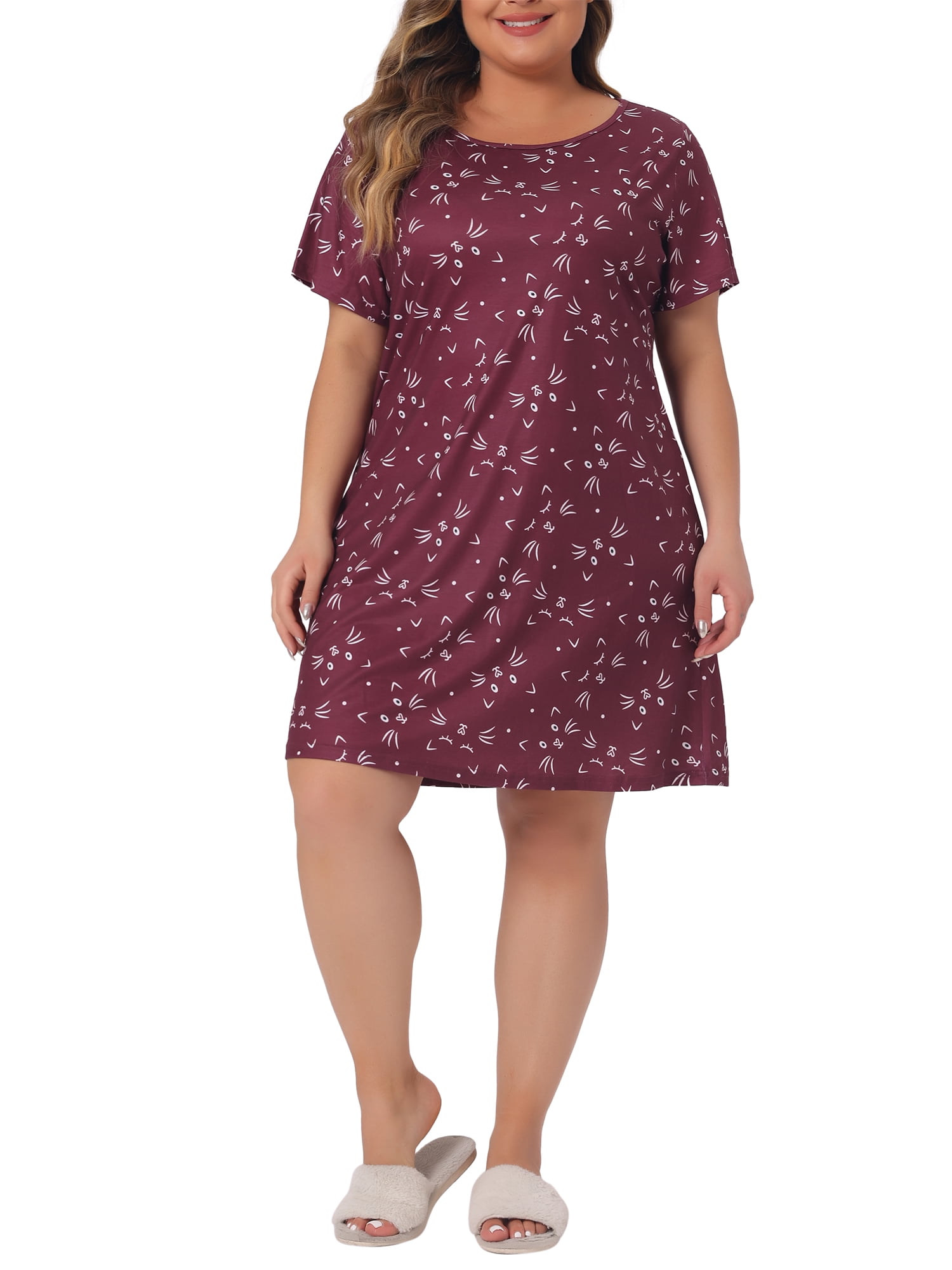 Agnes Orinda Plus Size Nightgown for Women Pajama Round Neck Cat ...
