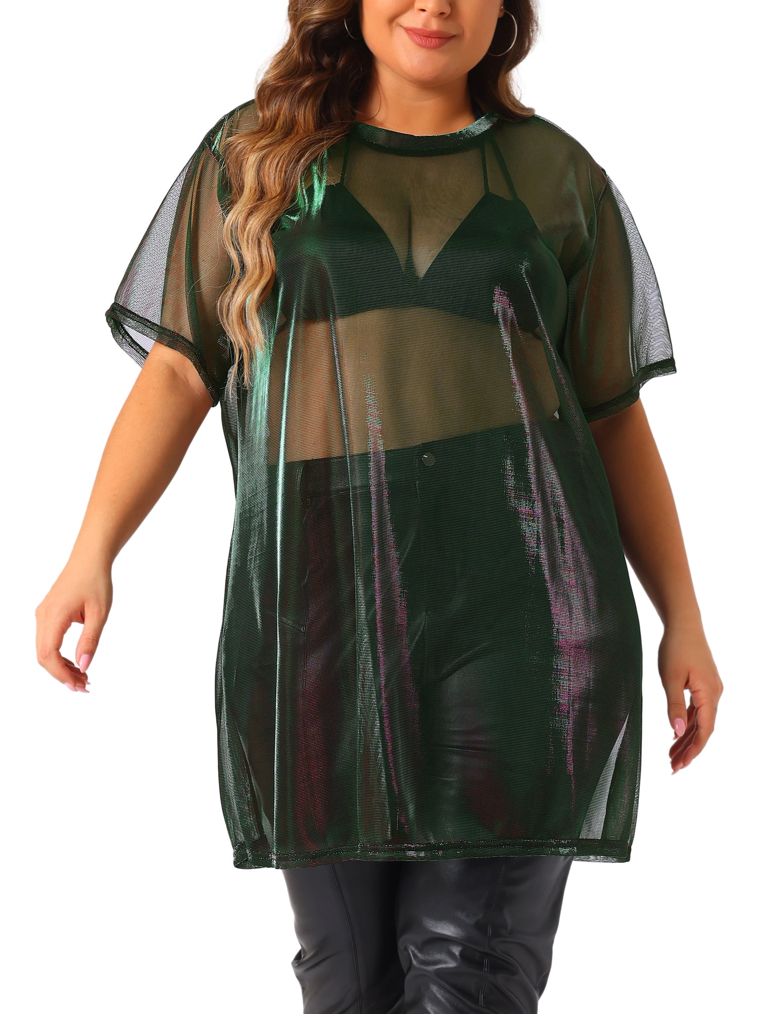 Agnes Orinda Plus Size Party Tops for Women Sheer Mesh Holographic ...