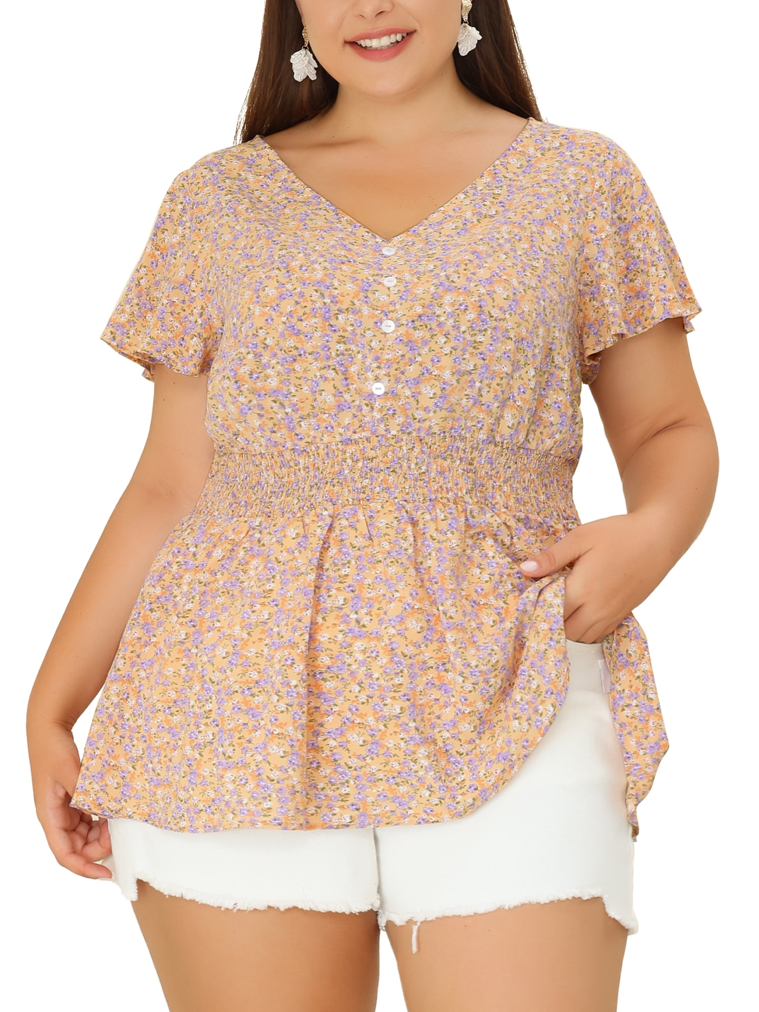 Agnes Orinda Plus Size Peplum Top for Women Smocked Waist Summer Floral ...