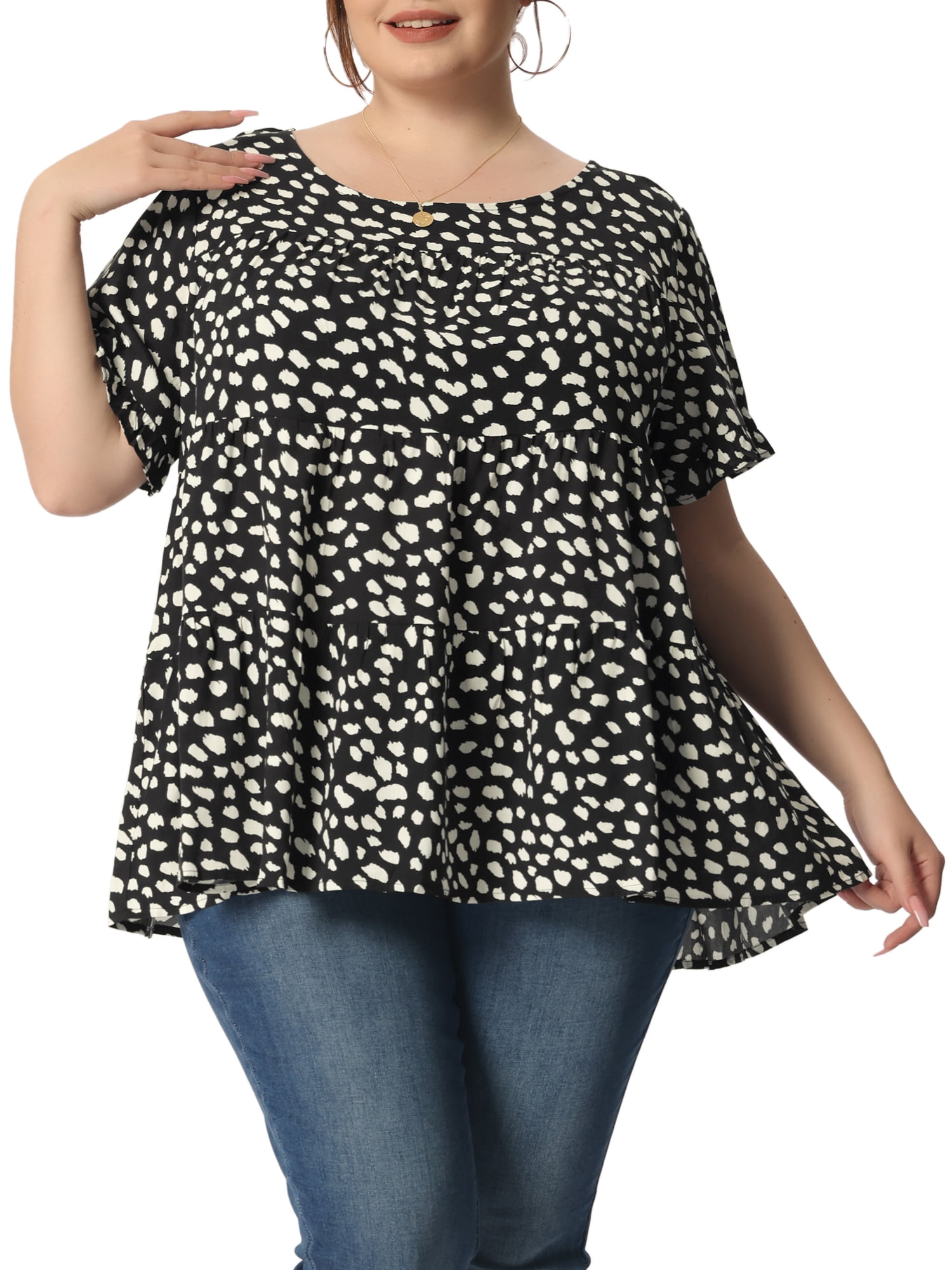 Agnes Orinda Women's Plus Size Casual Top Polka Dots Round Neck Ruffle ...