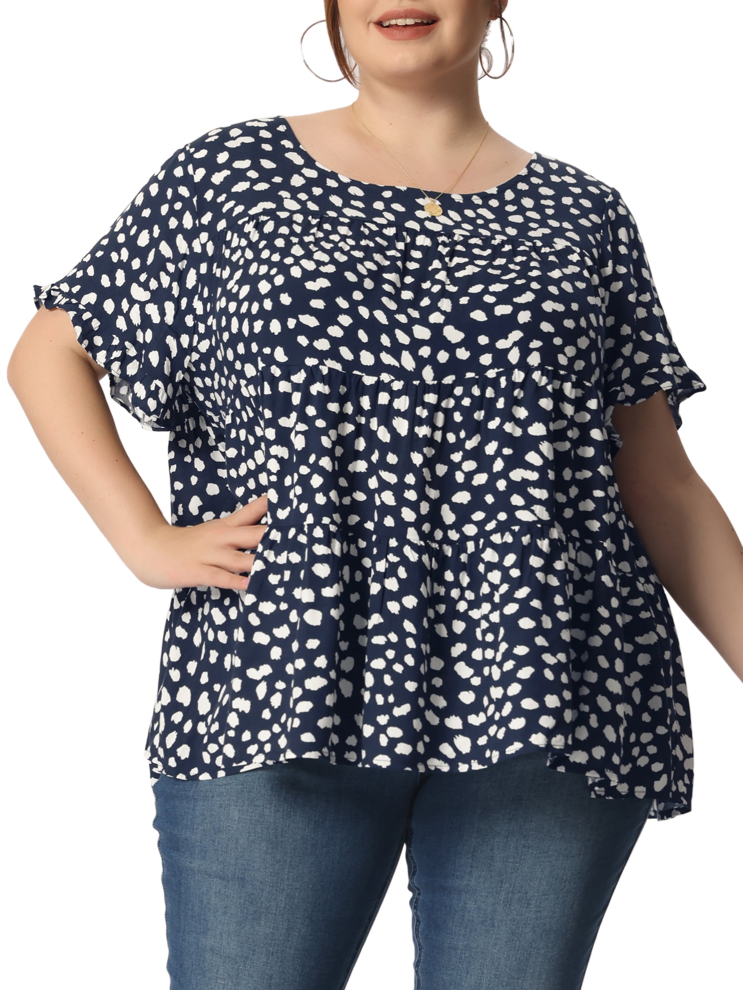 Agnes Orinda Women's Plus Size Casual Top Polka Dots Round Neck Ruffle ...