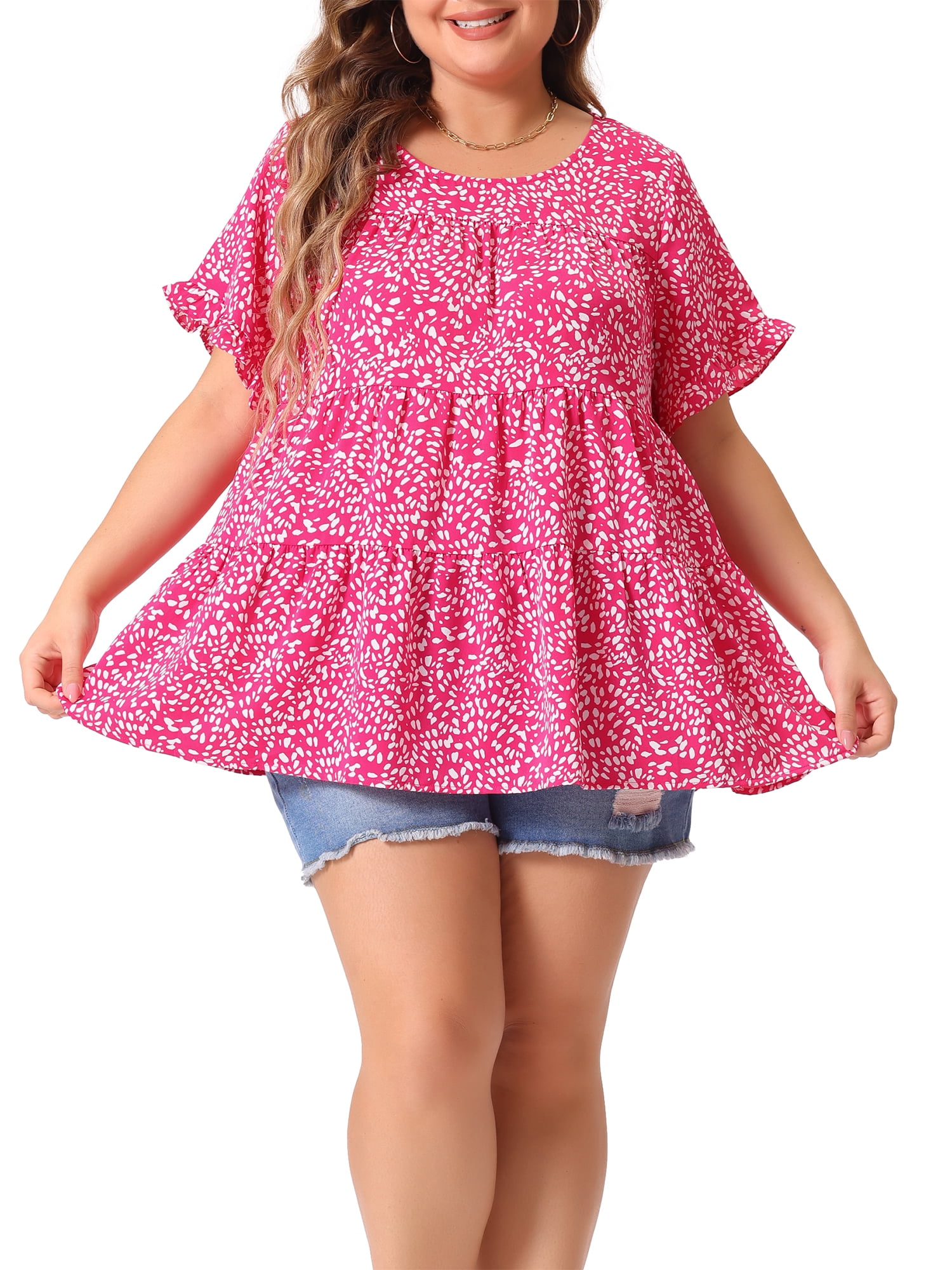 Agnes Orinda Women's Plus Size Casual Top Polka Dots Round Neck Ruffle ...