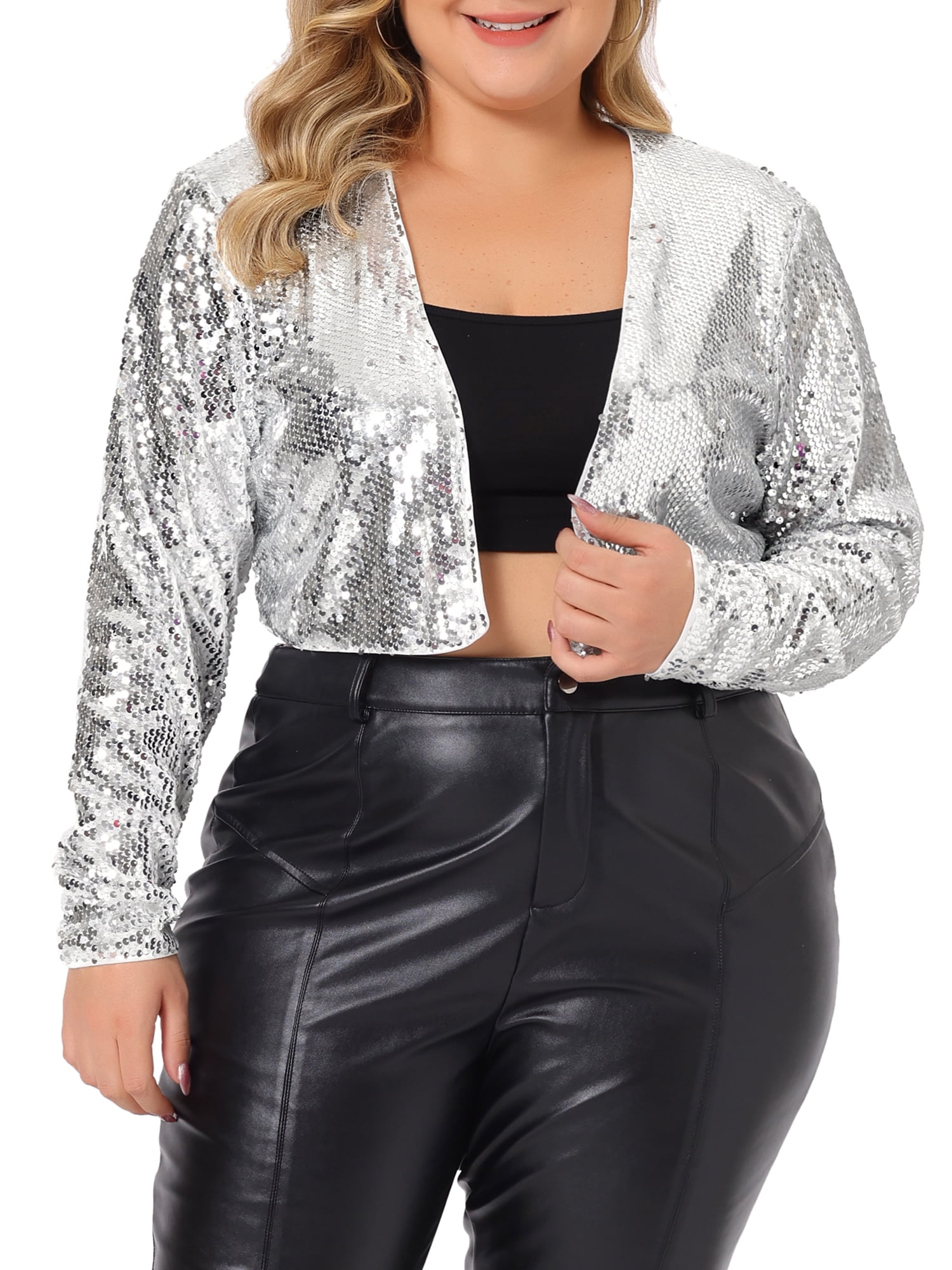 Agnes Orinda Plus Size Sequin Party Open Front Long Sleeve Shrug Bolero ...