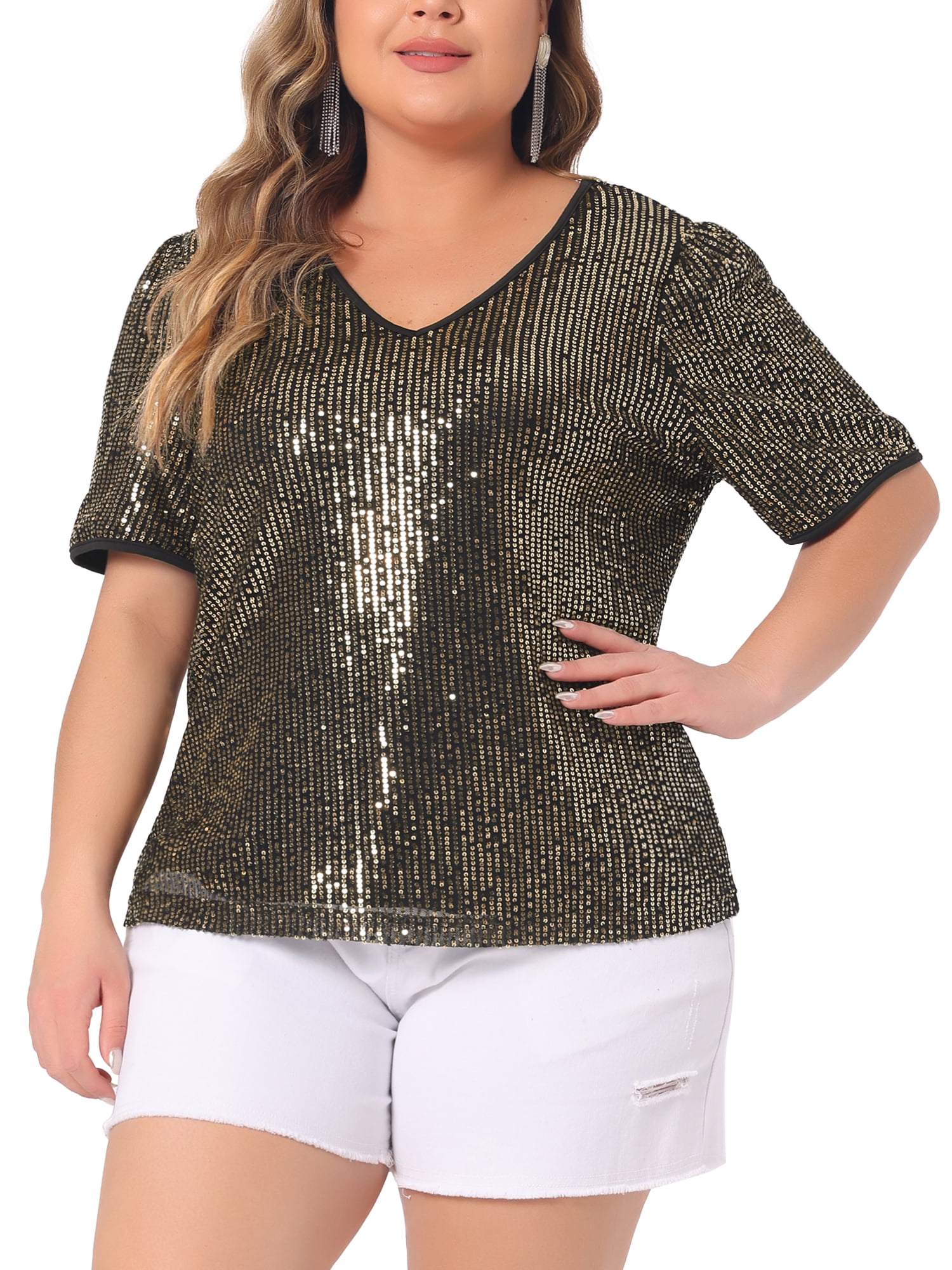 Agnes Orinda Plus Size Sequin Tops for Women Sparkly V Neck Short ...