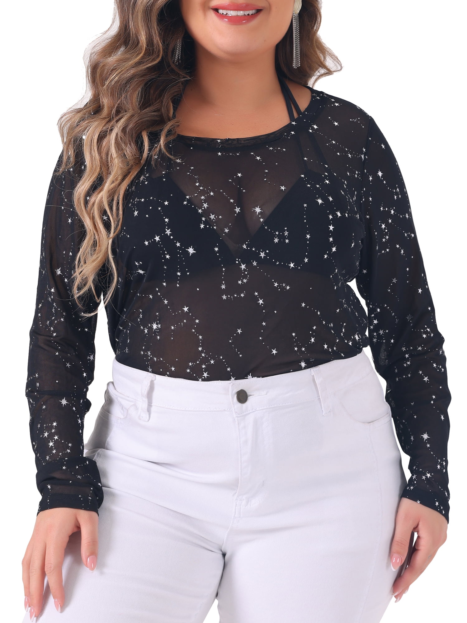 Agnes Orinda Plus Size Sheer Mesh Tops See Through Long Sleeve Crew ...