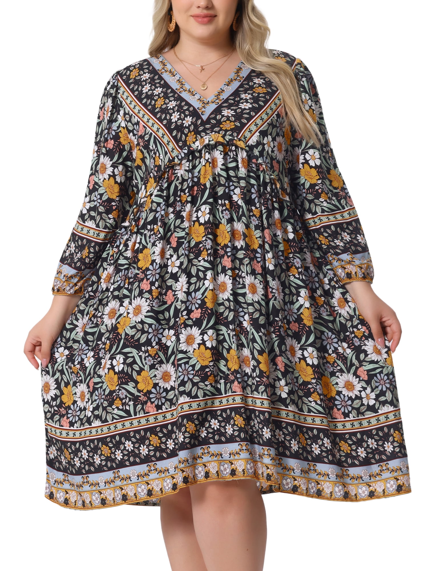 Agnes Orinda Plus Size Summer Dress for Women Casual Boho Floral V Neck ...