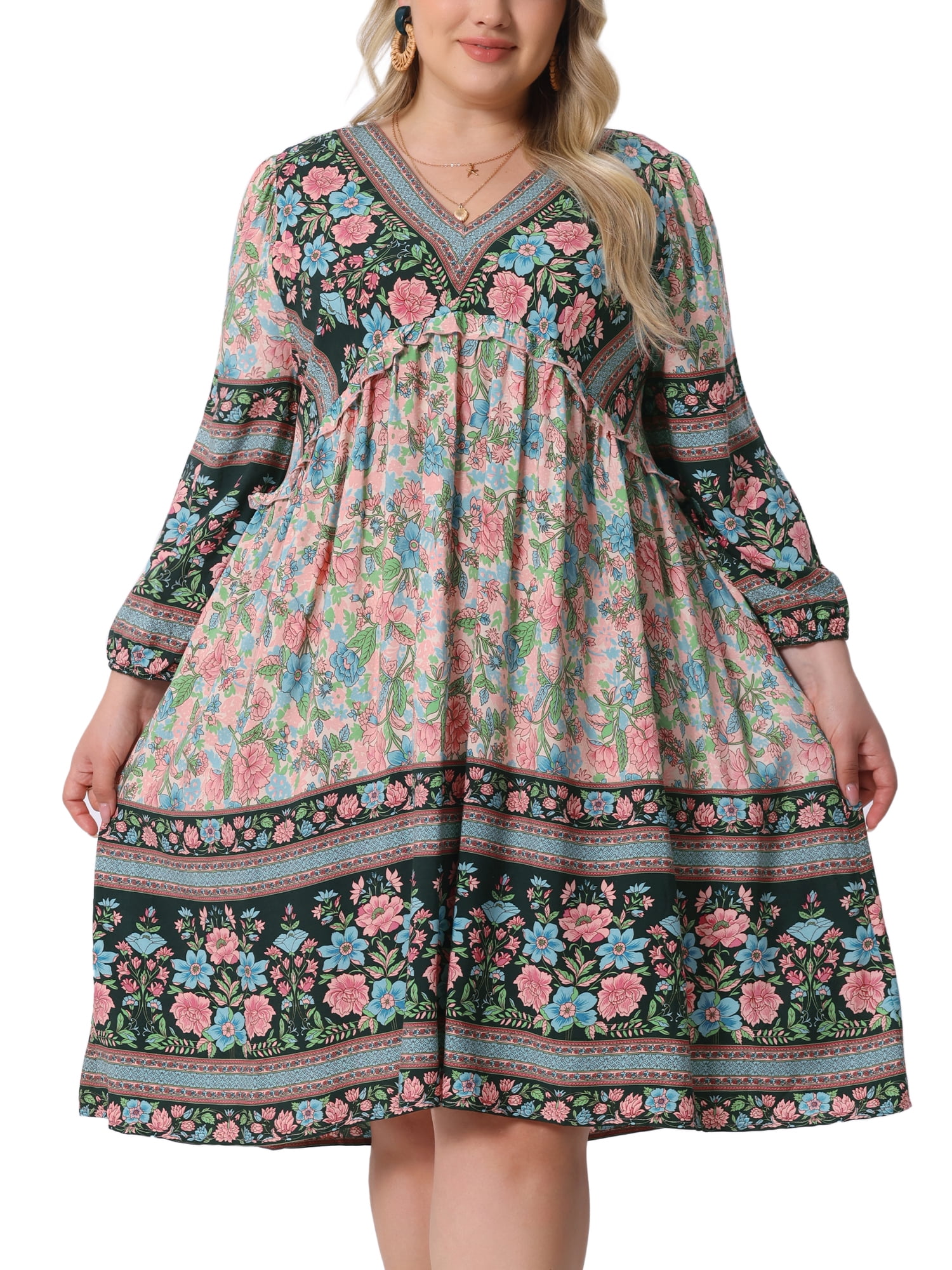 Agnes Orinda Plus Size Summer Dress For Women Casual Boho Floral V Neck