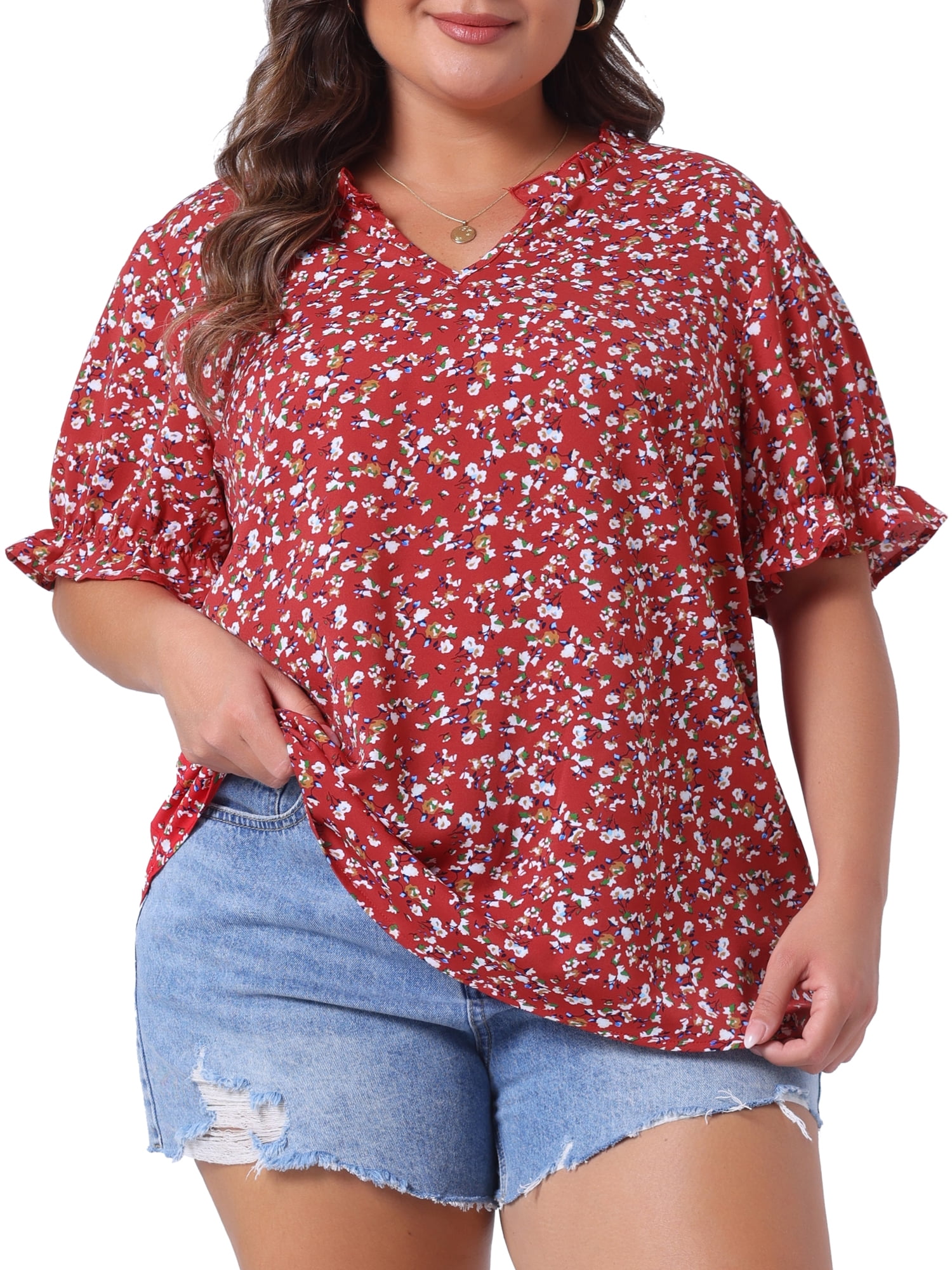 Agnes Orinda Women's Plus Size Floral Tops Ruffled V Neck Puff Short ...