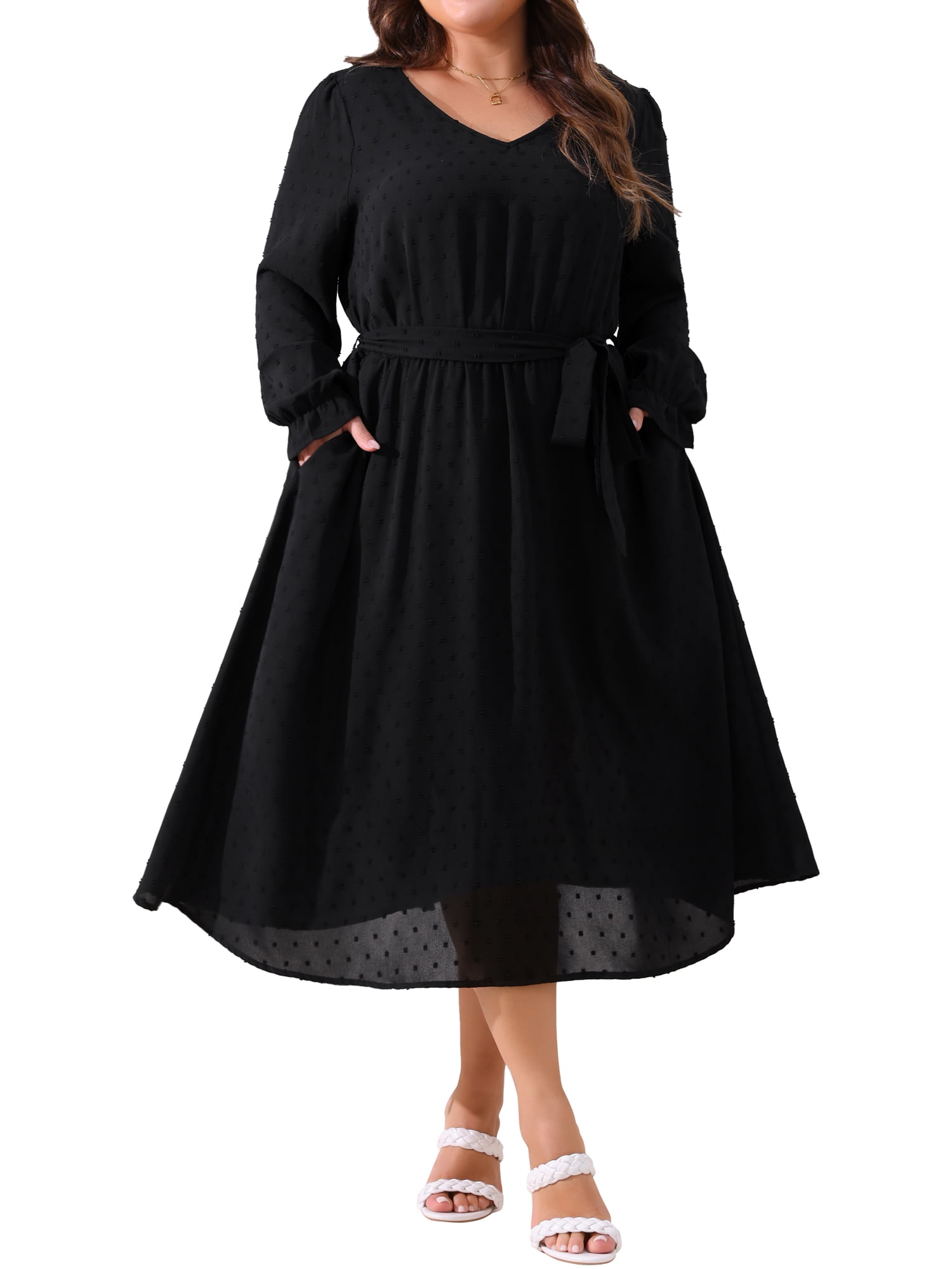 Agnes Orinda Plus Size Swiss Dot Dress for Women V Neck Long Sleeve Tie ...