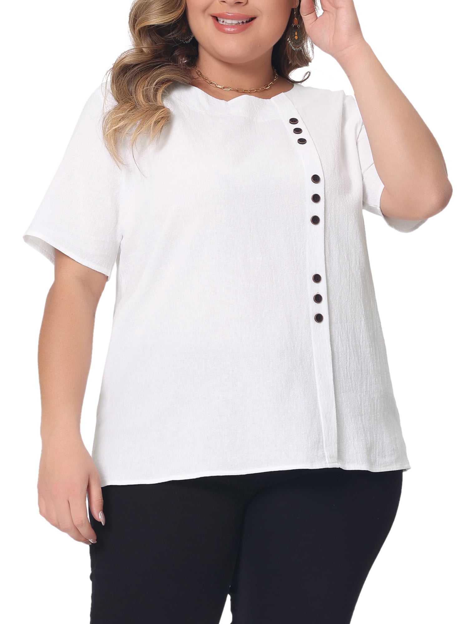 Plus Size Top for Women Short Sleeve Crew Neck Cotton Linen Blouses Top ...