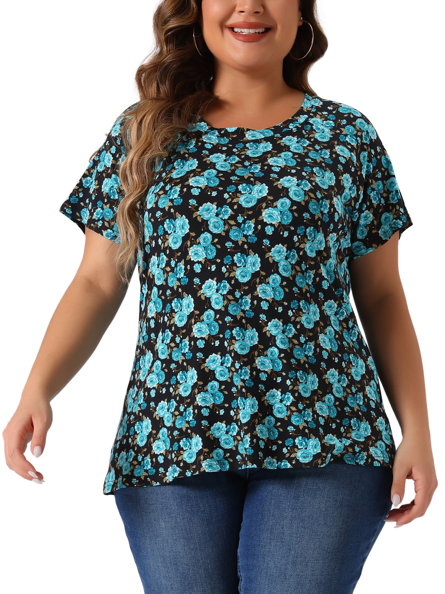 Agnes Orinda Plus Size Tops for Women Floral Printed Short Sleeve Round ...