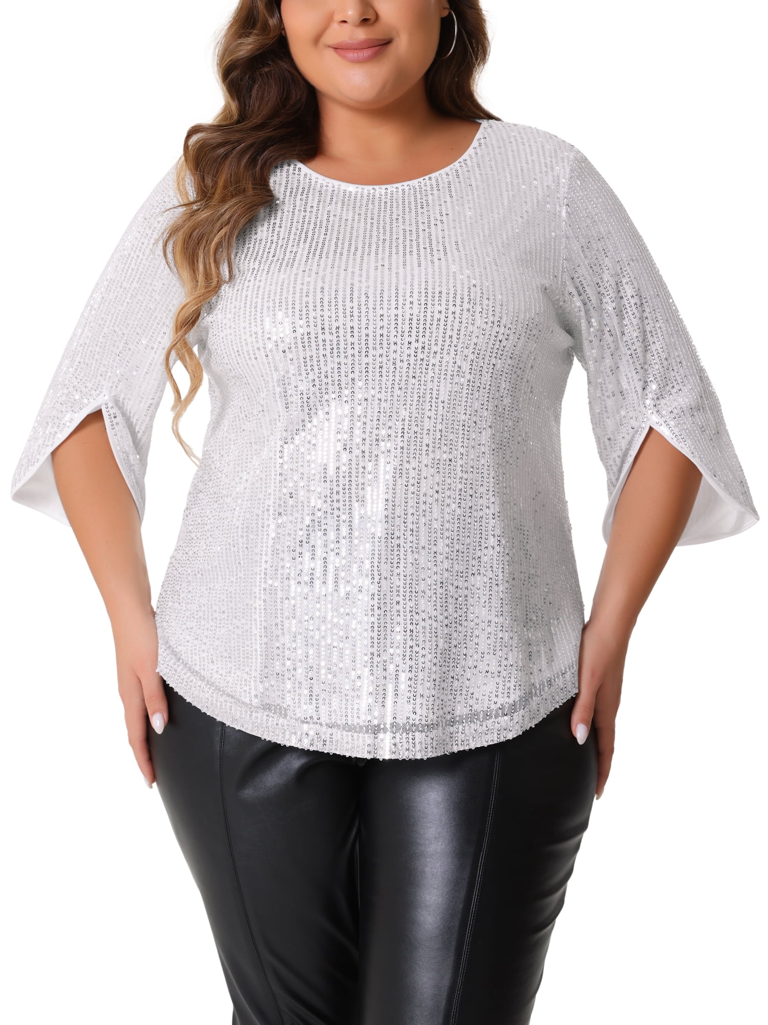 Agnes Orinda Plus Size Tops for Women Glitter 3/4 Slit Sleeve Crew Neck ...