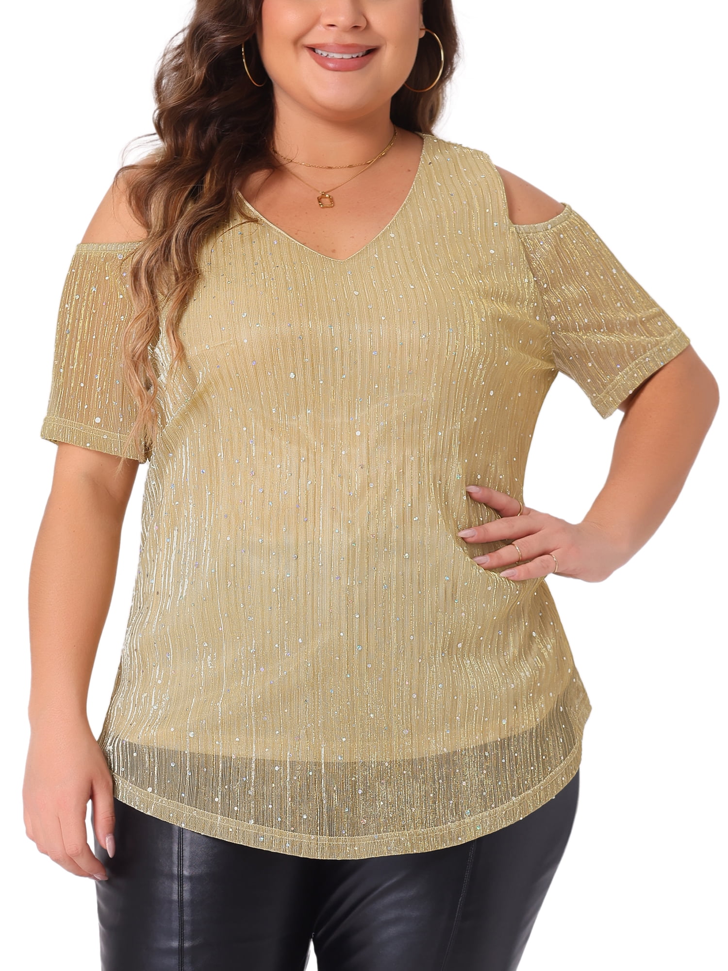 Agnes Orinda Plus Size Tops for Women Glitter Sequin Cold Shoulder ...