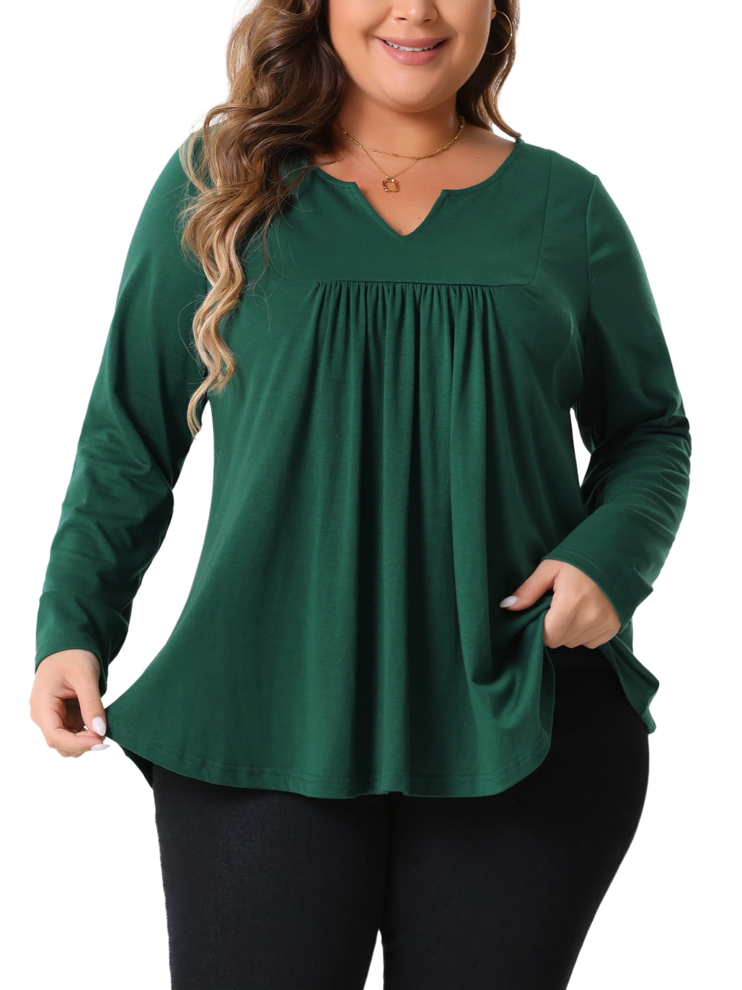 Agnes Orinda Plus Size Tops for Women Long Sleeve Notched Neck Front ...