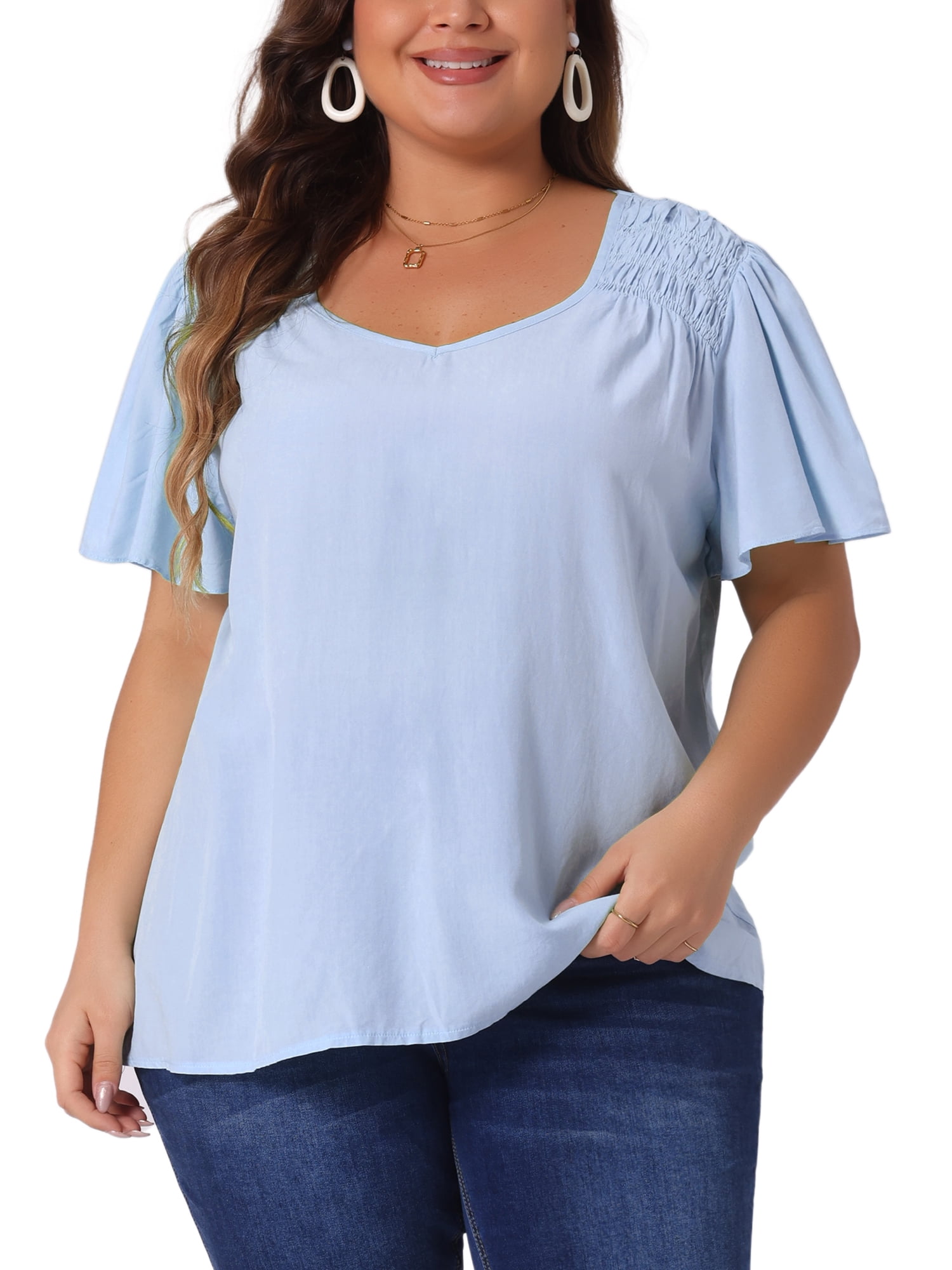 Agnes Orinda Women's Plus Size Casual Tops Ruffle Sleeve Smocked ...