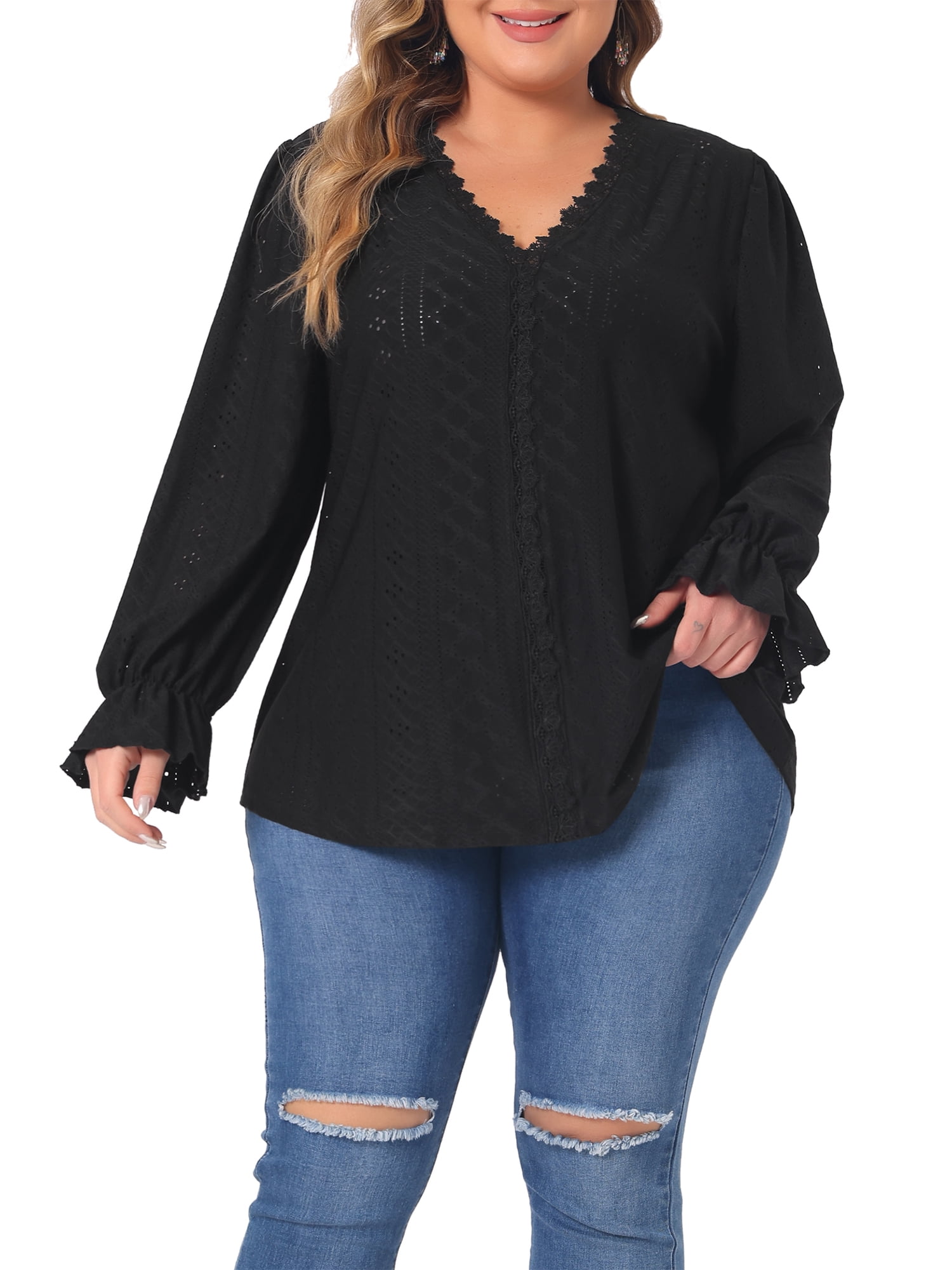 Agnes Orinda Plus Size Tops for Women V Neck Ruffle Long Sleeve Eyelet ...