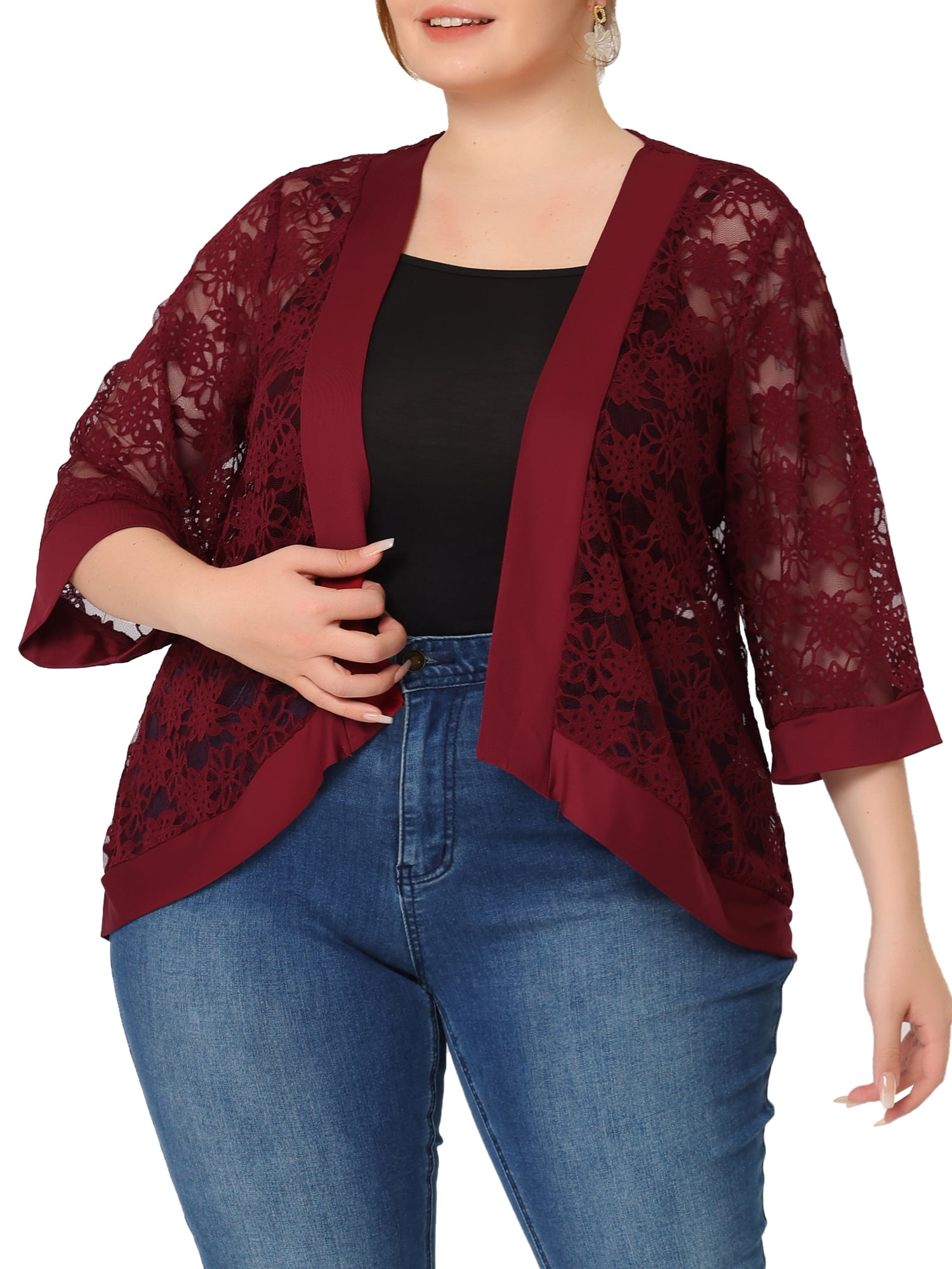 Agnes Orinda Women's Plus Size Cardigan Lace Crochet 3/4 Sleeves ...