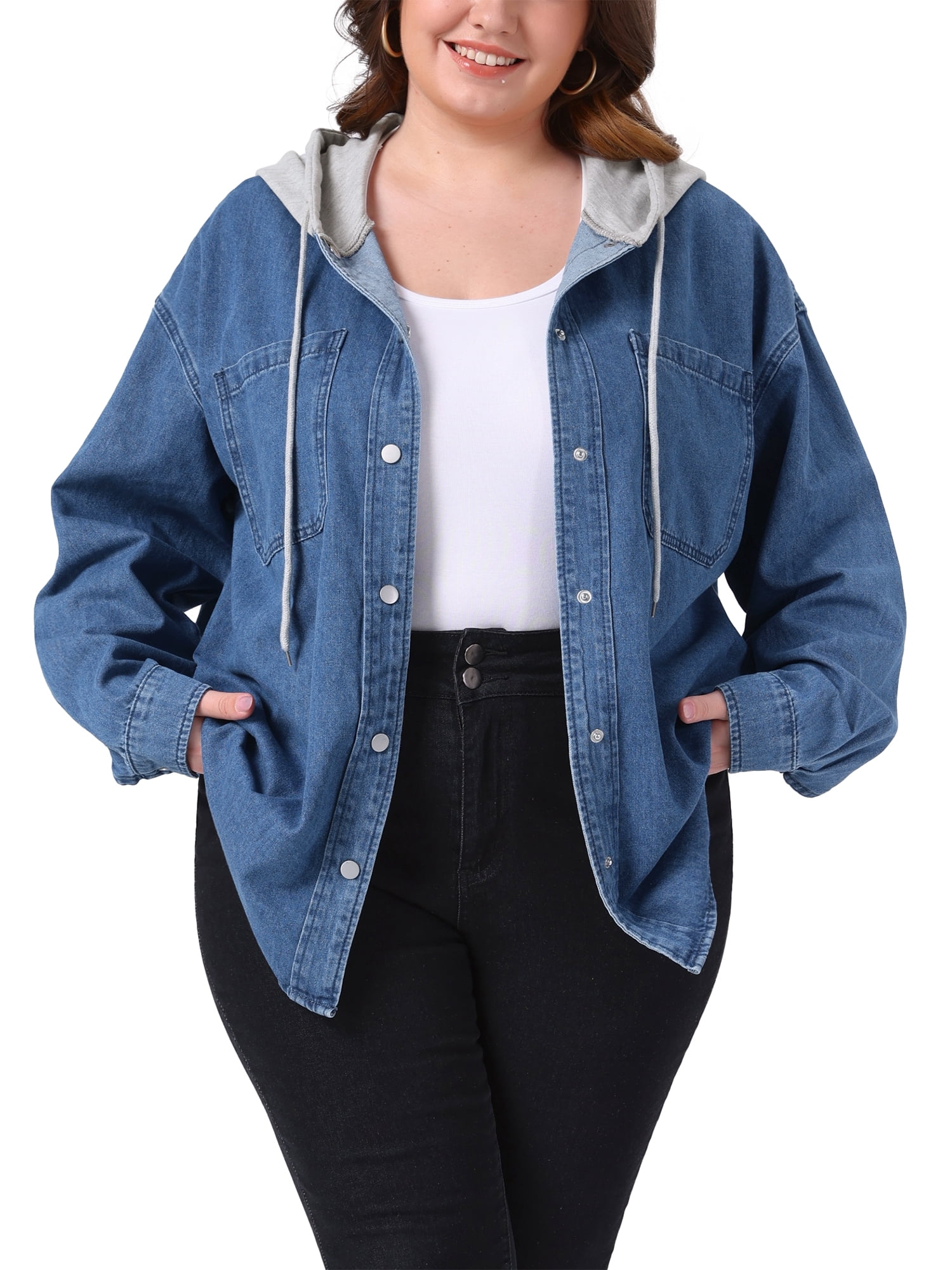 Agnes Orinda Women's Plus Size Denim Shacket Jacket Color Block Hooded ...