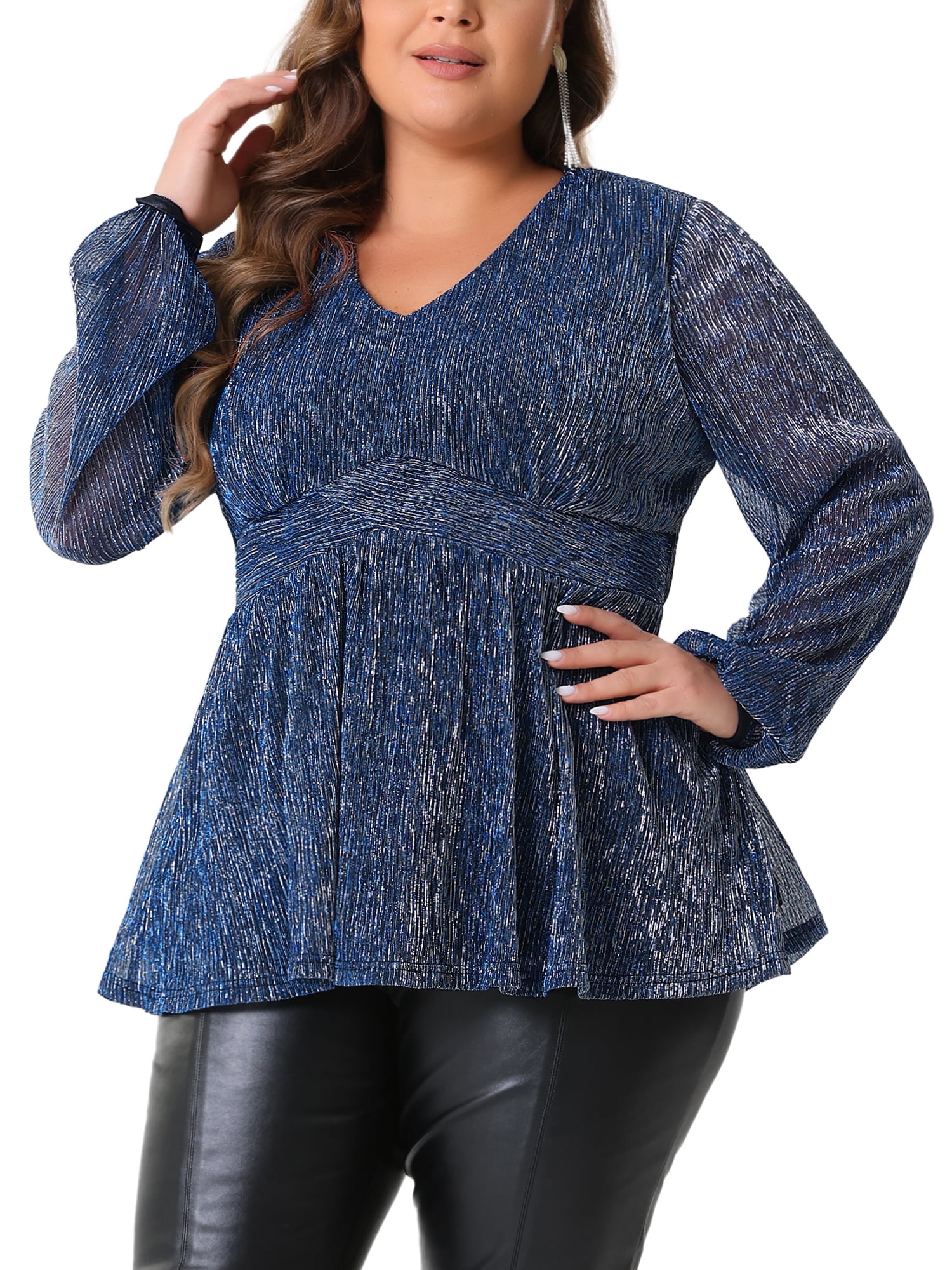 Agnes Orinda Women's Plus Size Glitter Tops Sequin V-Neck Waist Pleat ...