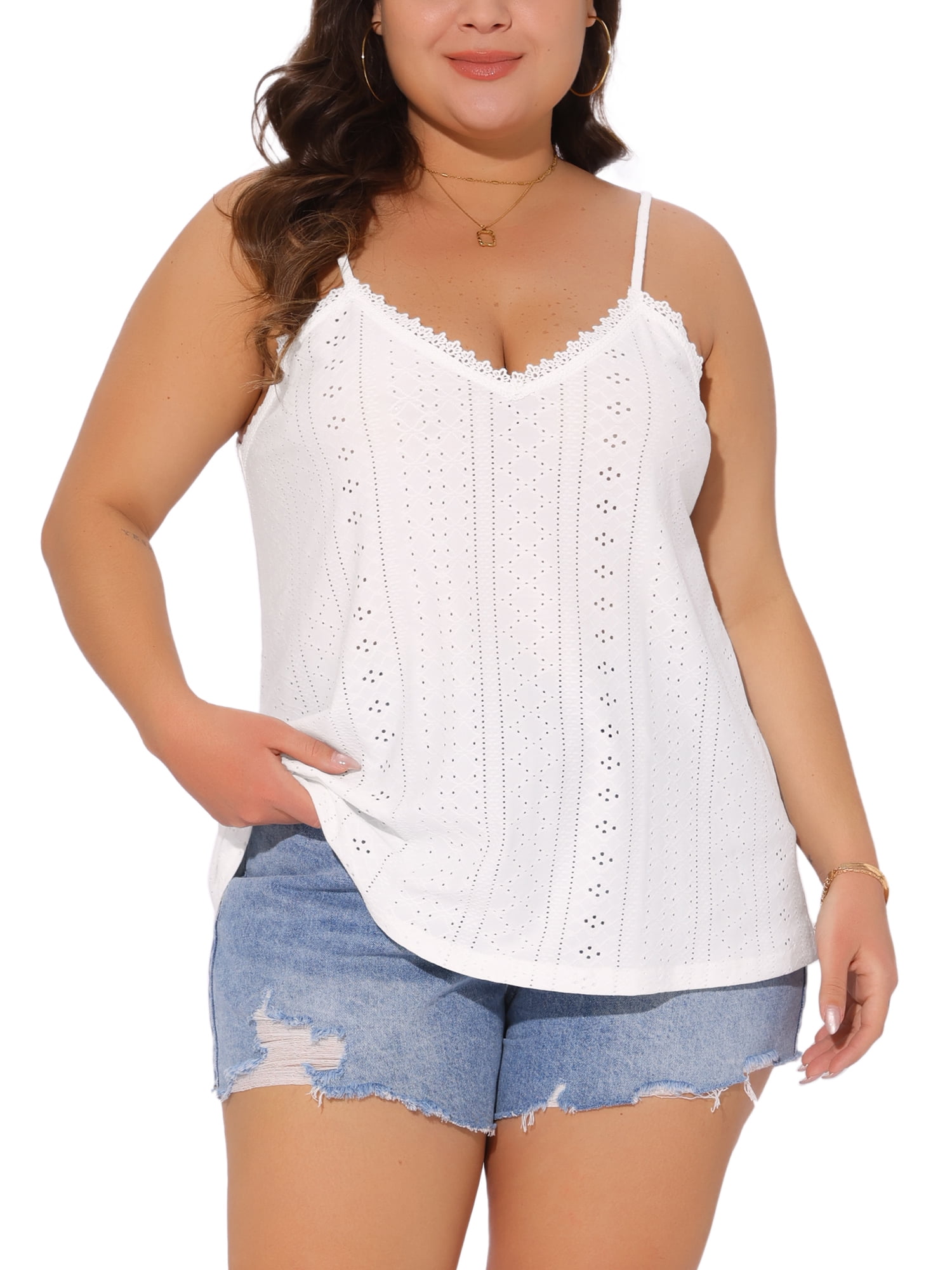FAB CURVES Women's Plus Size Cami Eyelet Hollow Jersey V Neck ...