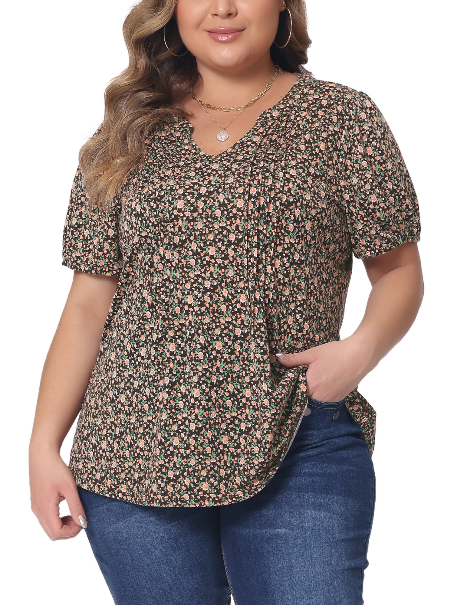 Agnes Orinda Women's Plus Size Floral Printed Tops Notched V Neck Short ...