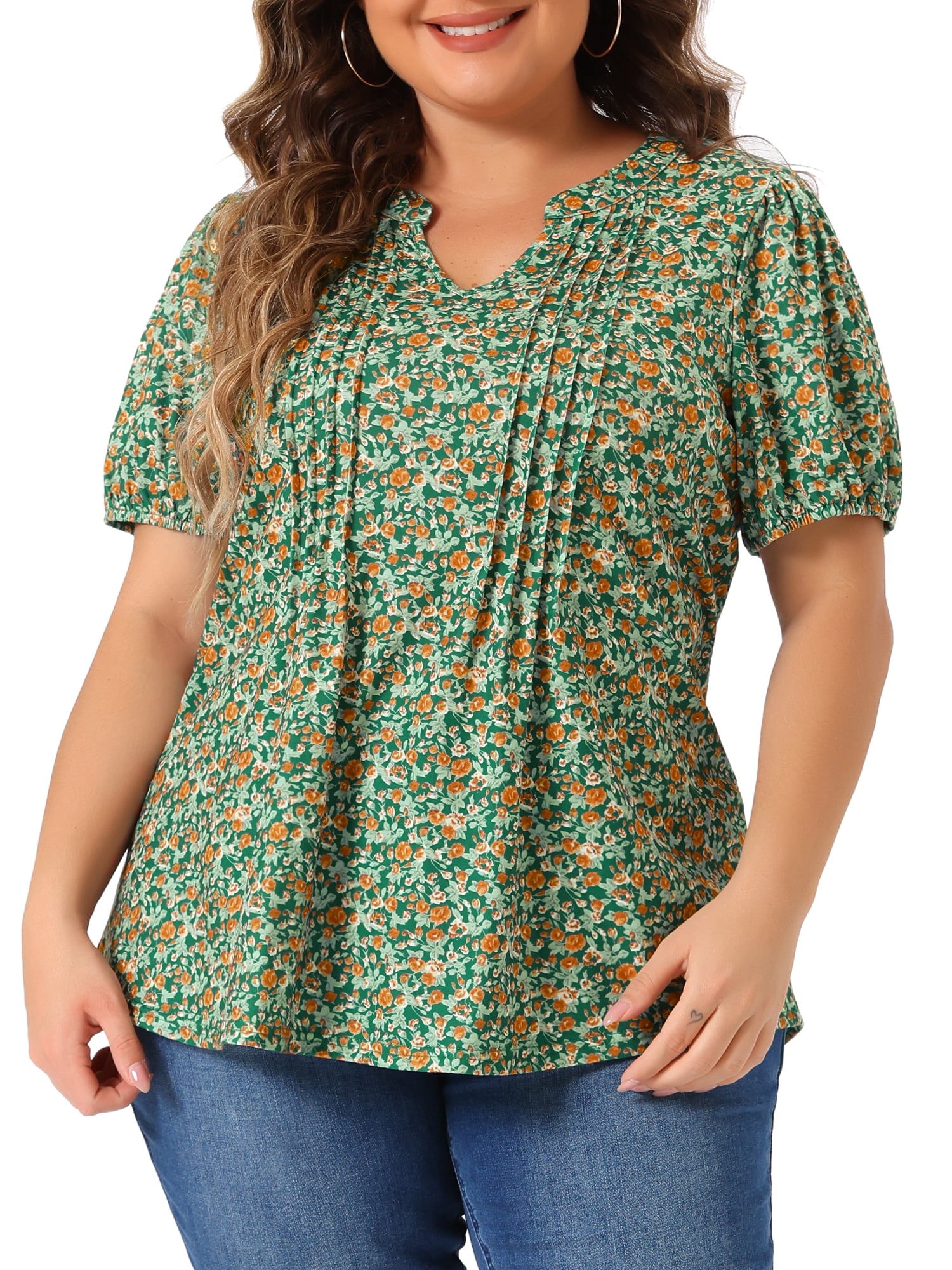 Agnes Orinda Women's Plus Size Floral Printed Tops Notched V Neck Short ...