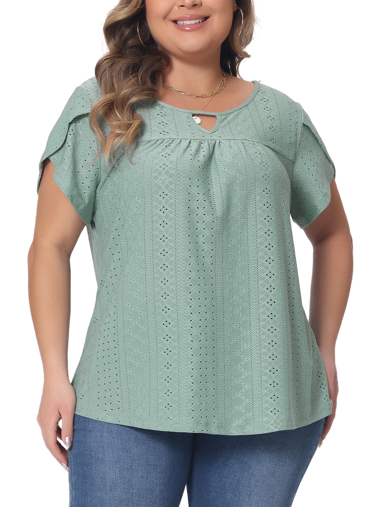 Agnes Orinda Women's Plus Size Tops Keyhole Crew Neck Petal Sleeve ...
