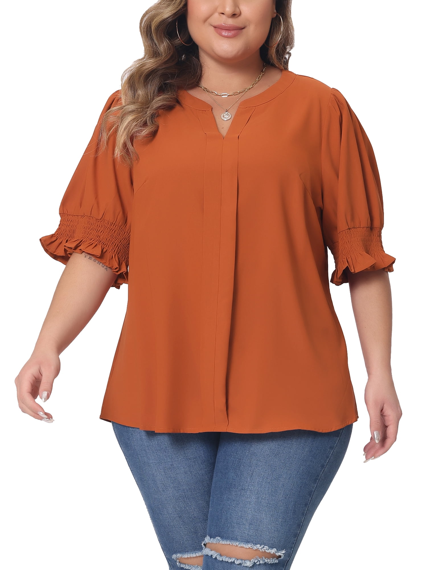 Agnes Orinda Women's Plus Size Chiffon Top Notched V Neck Puff Short ...