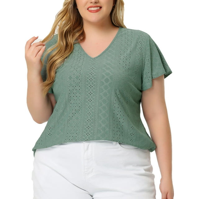 Agnes Orinda Women Plus Size V Neck Hollow Flare Short Sleeve Top Green