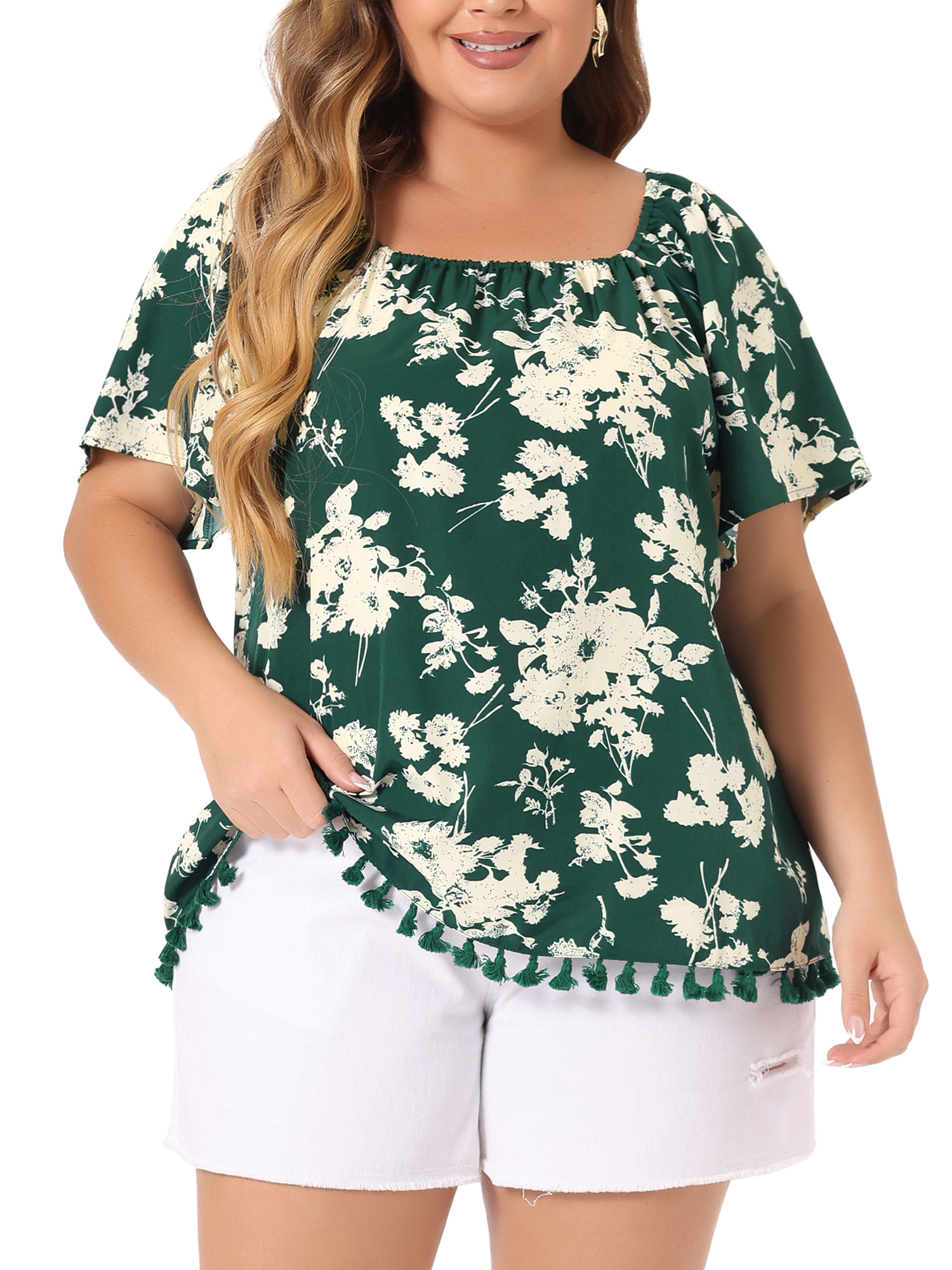 Agnes Orinda Women's Plus Blouses Short Sleeve Floral Tassel Hem Casual ...
