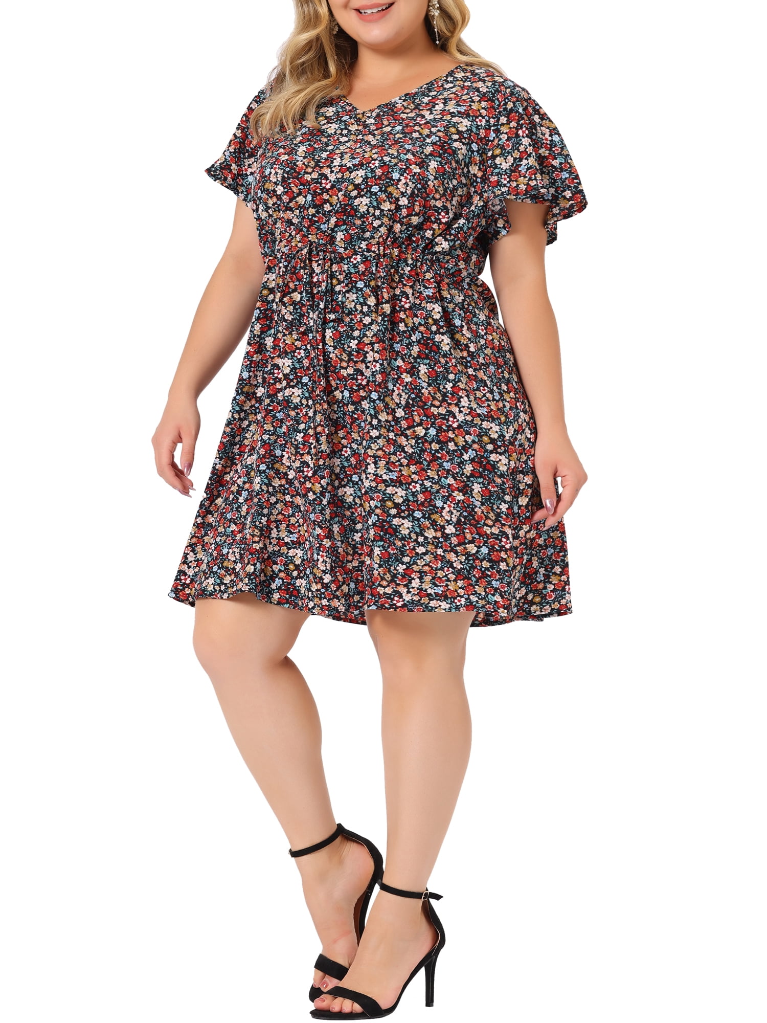 Agnes Orinda Women's Plus Dresses Floral Drawstring Waist V Neck Dress ...
