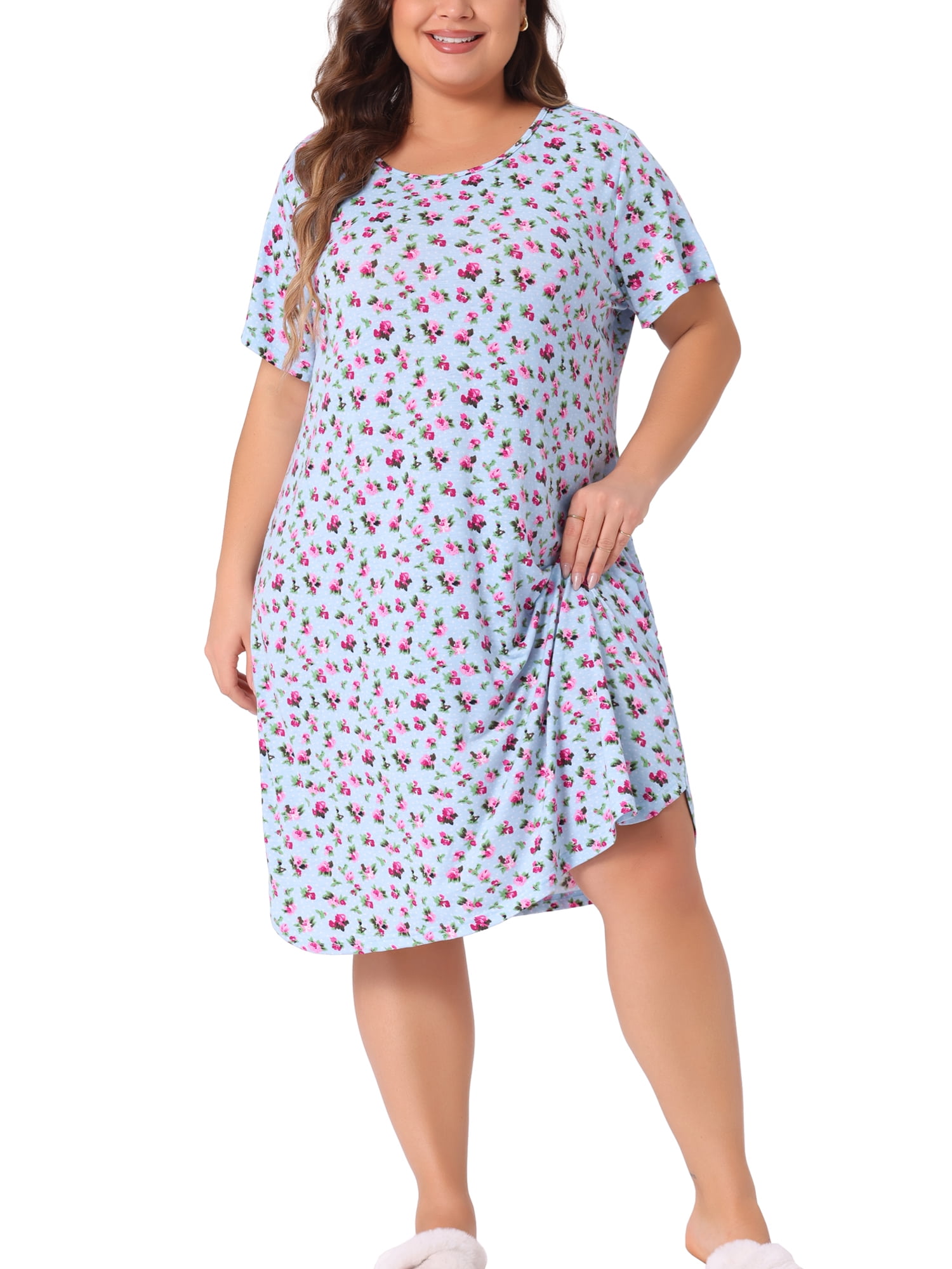 Agnes Orinda Women's Plus Nightgown Short Sleeve Round Neck Stretch ...