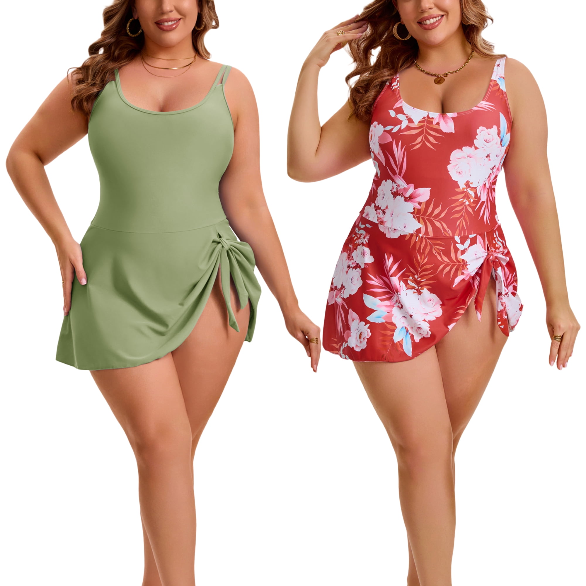 NOMADIC NOOK Women's Plus Size 2 Pieces Swimdress Tummy Control Push Up ...