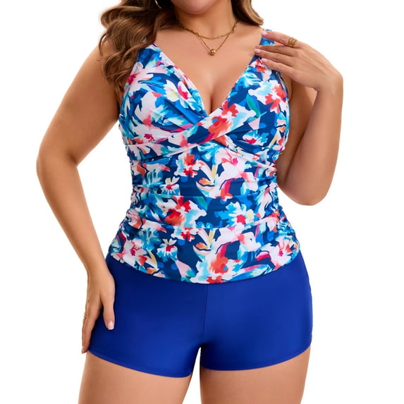 Agnes Orinda Women's Plus Size 2 Piece Bathing Suit Ruched Tankini Top ...