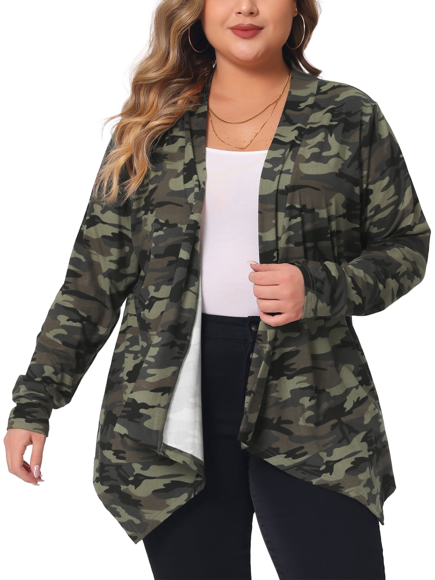 Agnes Orinda Women's Plus Size Asymmetric Hem Long Sleeve Leopard Cardigan 2X Camouflage ...