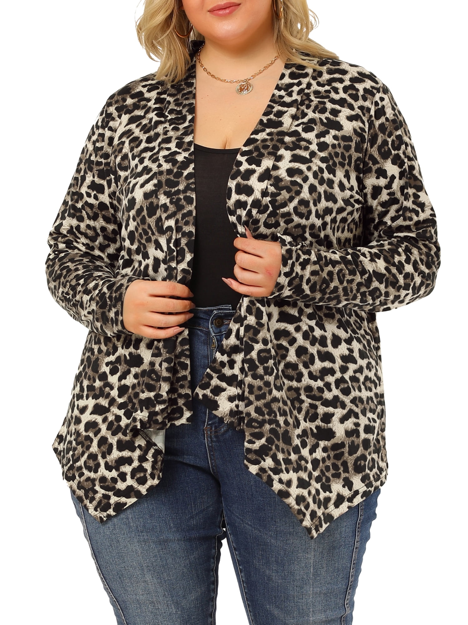 Agnes Orinda Women's Plus Size Asymmetric Hem Long Sleeve Leopard Cardigan 3X Grey Leopard ...