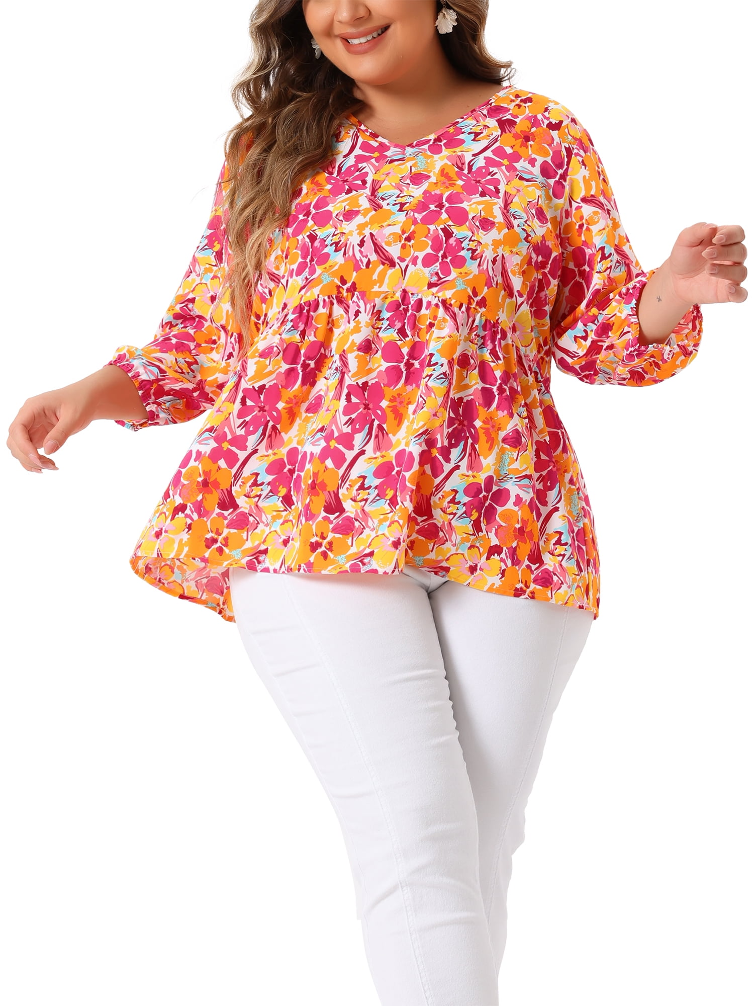 Agnes Orinda Women's Plus Size Babydoll Tops Floral 3/4 Sleeve Shirts Peplum Blouses 3X Orange ...