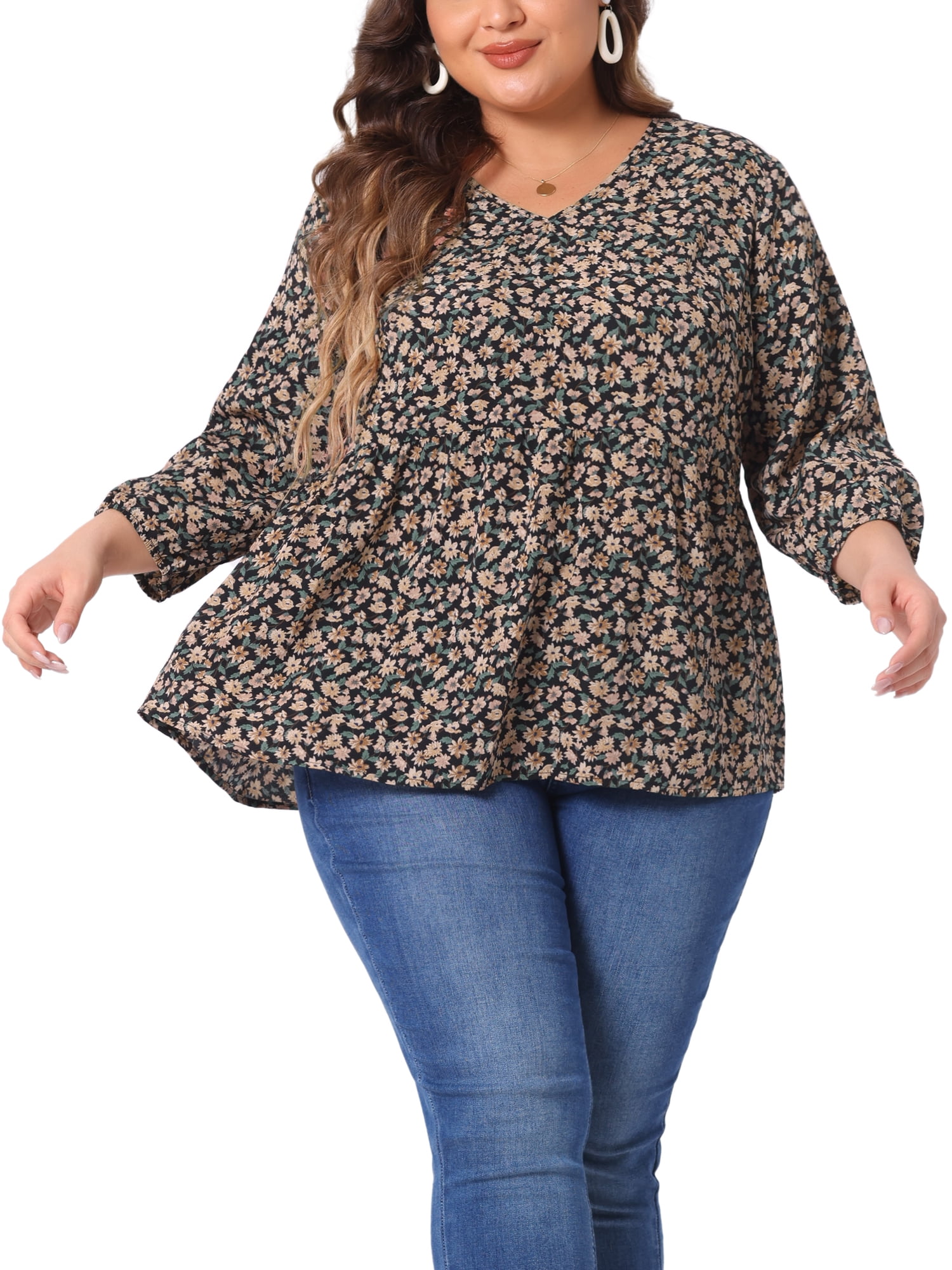 Agnes Orinda Women's Plus Size Babydoll Tops V Neck 3/4 Lantern Sleeves ...