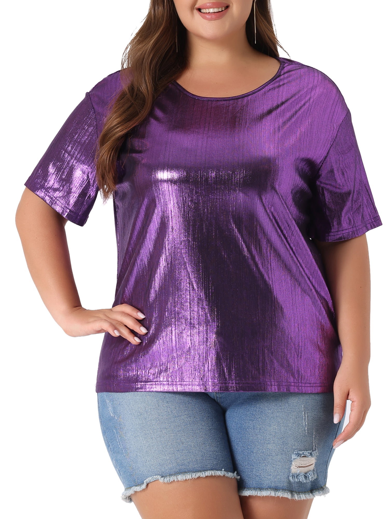 Agnes Orinda Women's Plus Size Tops Metallic Holographic Concert Party ...