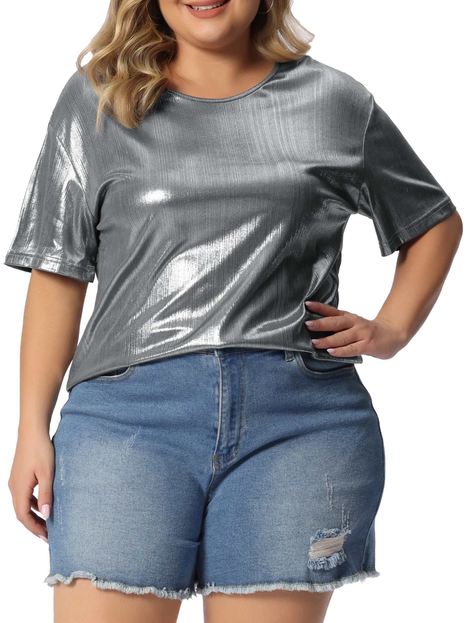 Agnes Orinda Women's Plus Size Tops Metallic Holographic Short Sleeve ...
