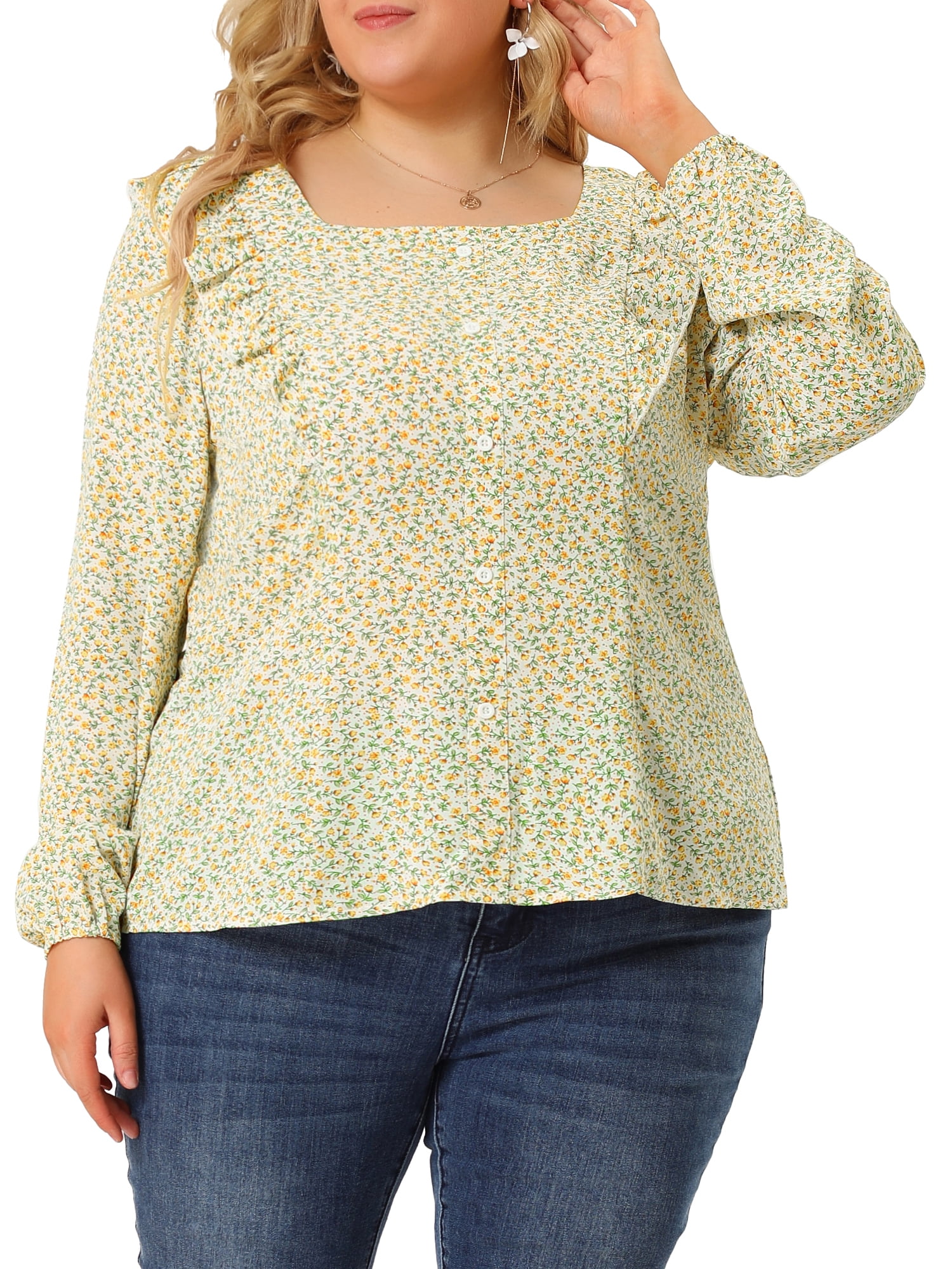 Agnes Orinda Women's Plus Size Blouses Long Sleeve Square Neck Ditsy ...