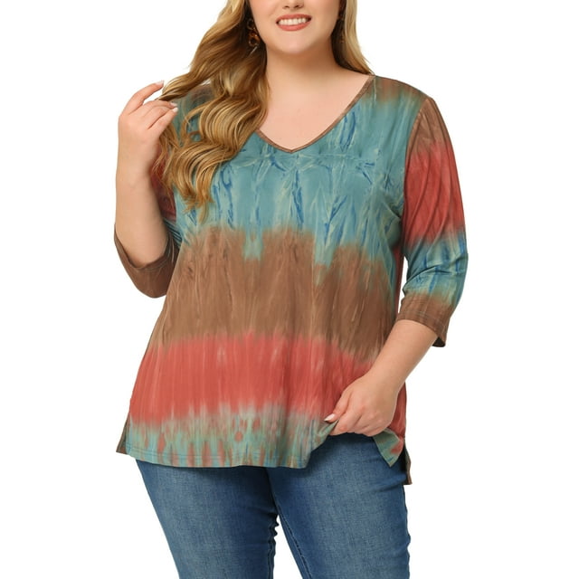 Agnes Orinda Womens Plus Size Blouses Tie Dye Stripe V Neck 3 4 Sleeve
