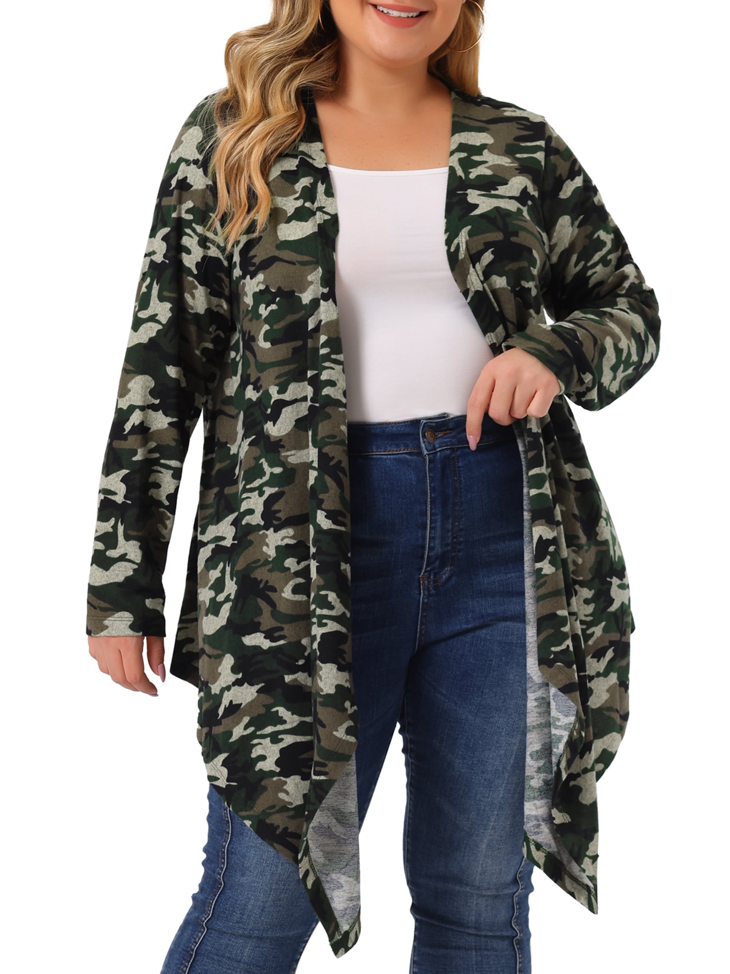 Agnes Orinda Women's Plus Size Boho Striped Long Sleeve Sweater Long Cardigan 2X Camouflage ...