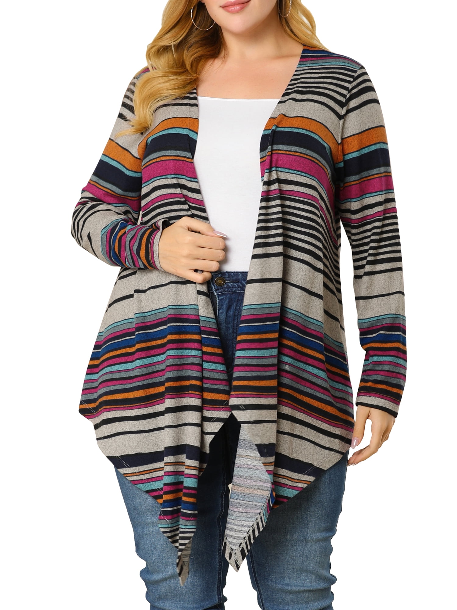 Agnes Orinda Women's Plus Size Boho Striped Long Sleeve Sweater Long Cardigan 3X Gray - Walmart.com