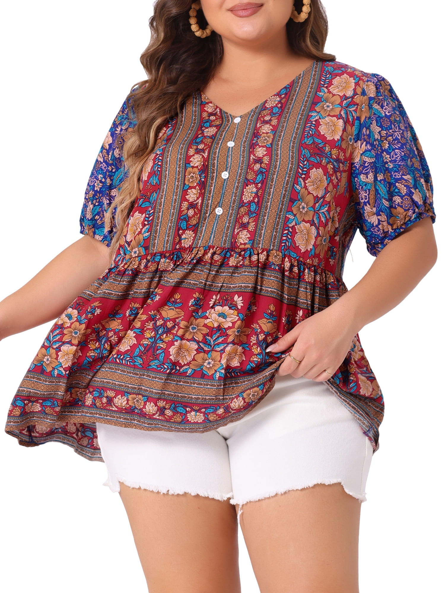 Agnes Orinda Women's Plus Size Blouses Floral Print V Neck Short Sleeve ...