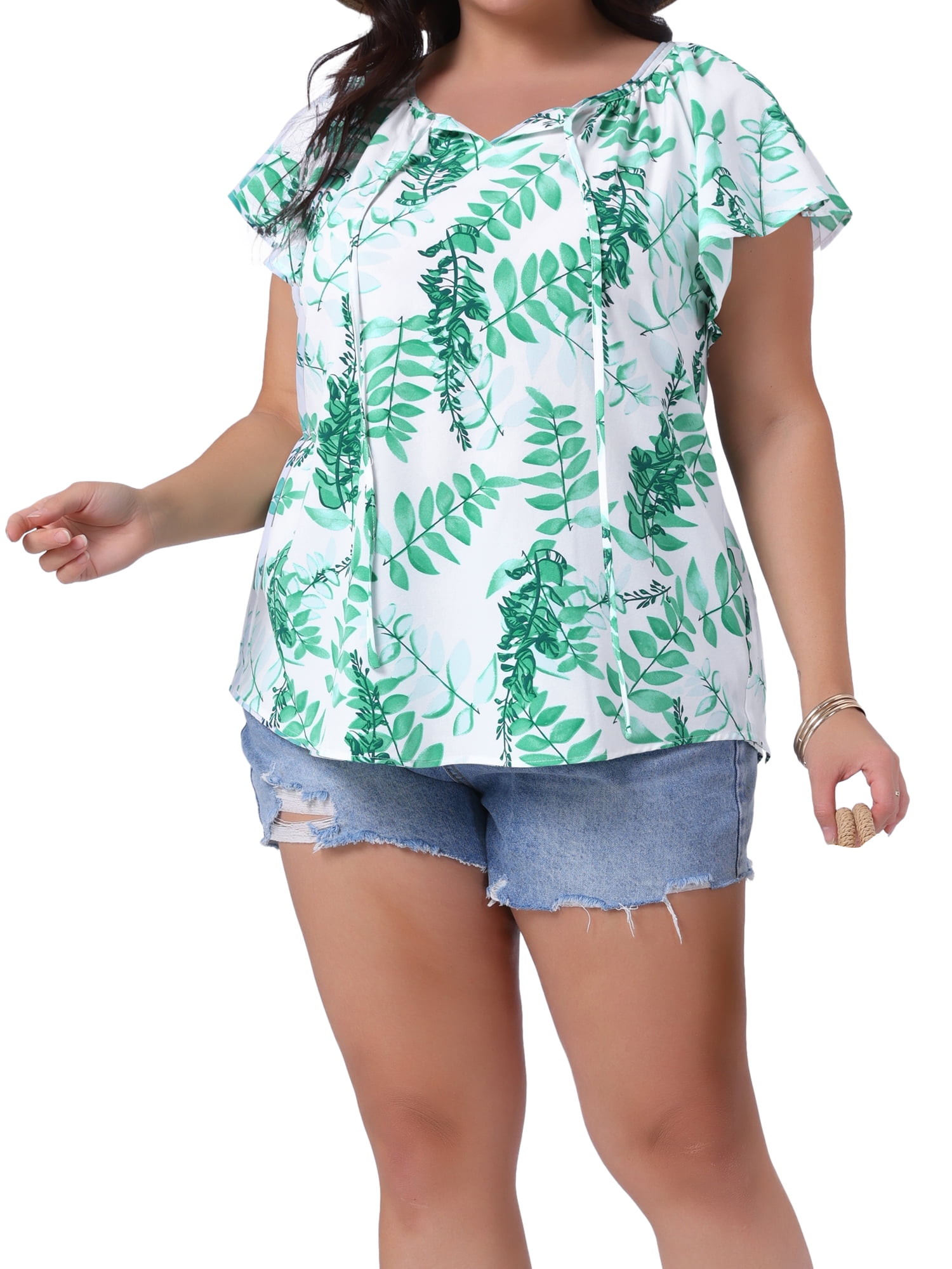 Agnes Orinda Women's Plus Size Floral Tops Boho Tie V Neck Flutter ...