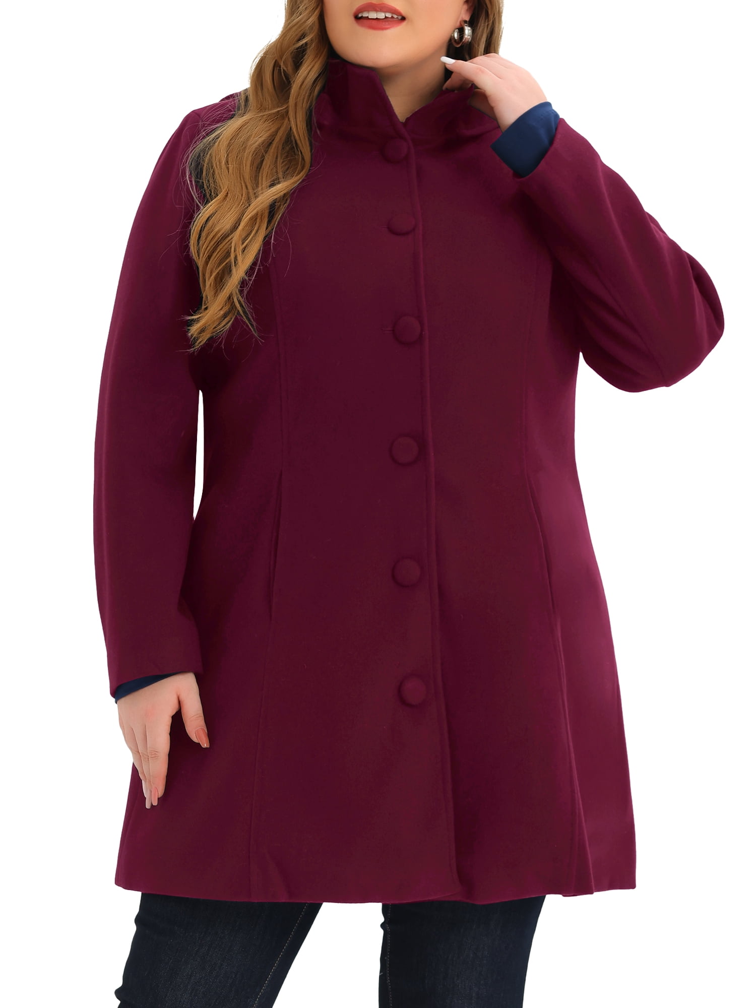 GRACE & GRANDEUR Women's Plus Size Overcoat, Burgundy, Button Hood ...