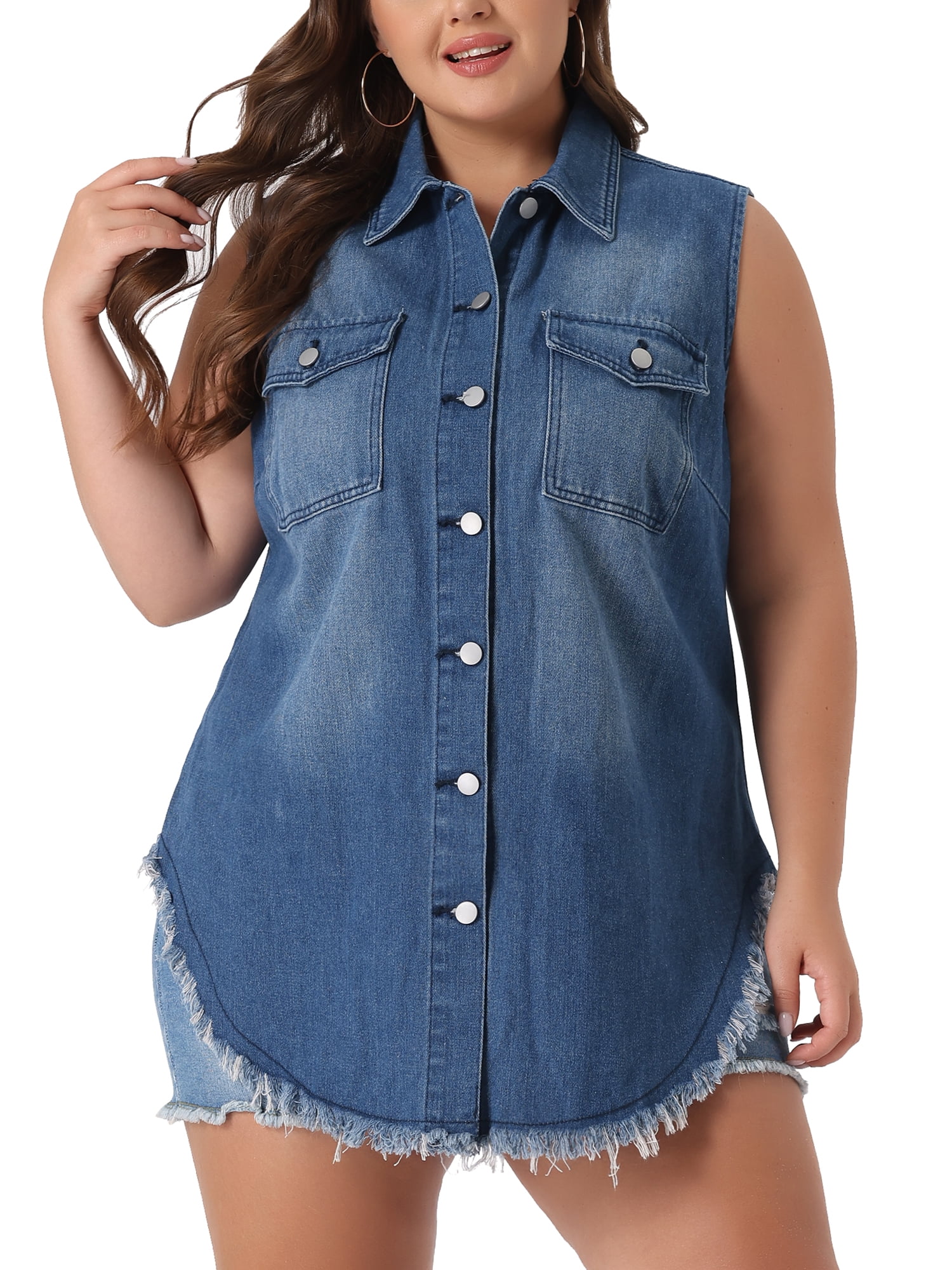 Agnes Orinda Women's Plus Size Button Up Frayed Hem Shacket Sleeveless ...