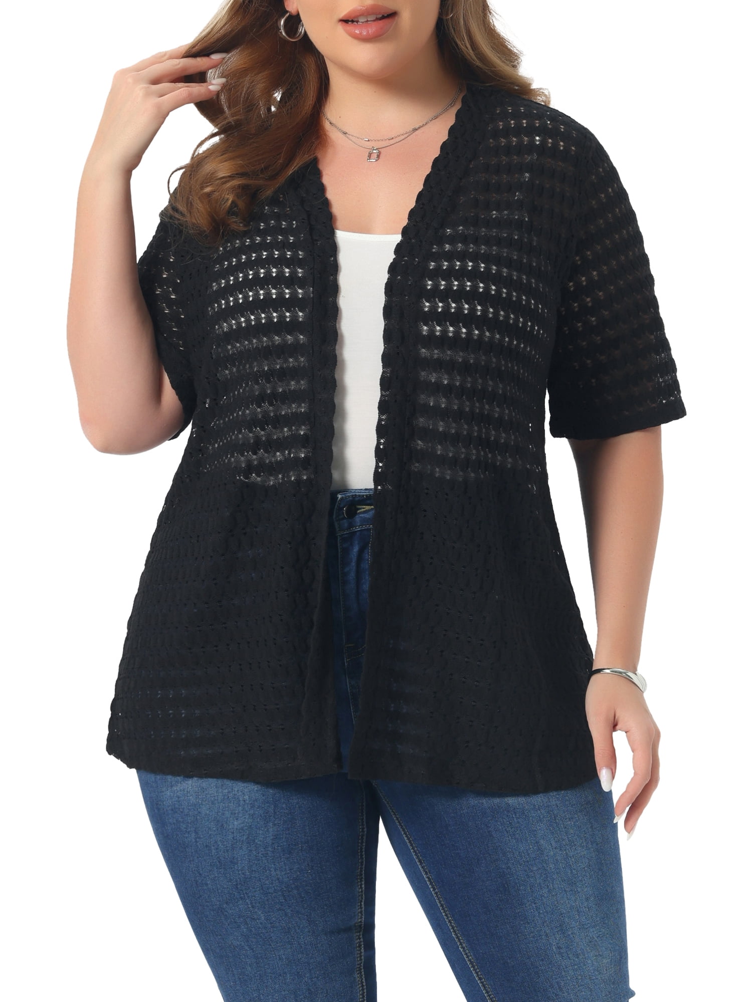 Agnes Orinda Women's Plus Size Cardigan Lace Hollow Out Short Sleeve ...